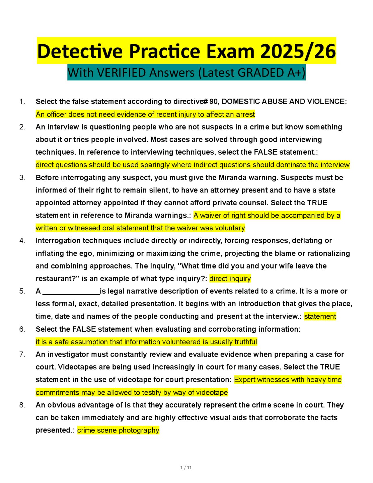 Detective Practice Exam 2025/26 With VERIFIED Answers (Latest GRADED A+ ...