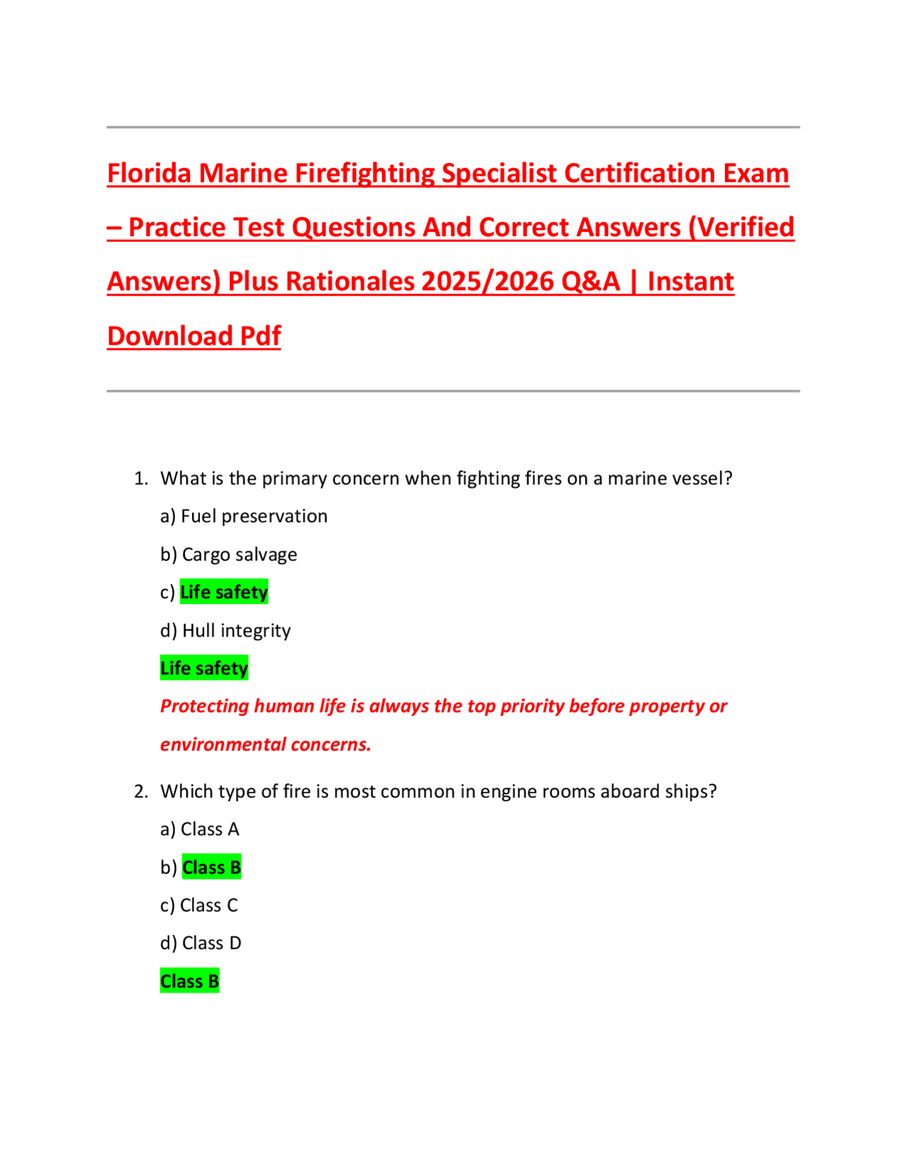 Florida Marine Firefighting Specialist Certification Exam – Practice ...