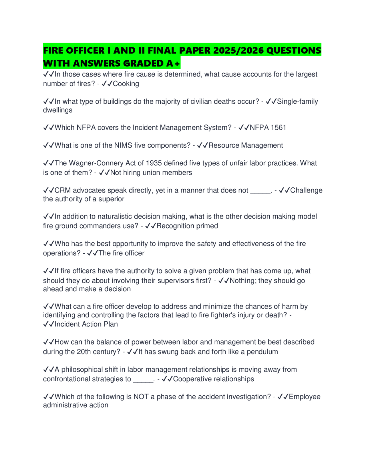 FIRE OFFICER I AND II FINAL PAPER 2025/2026 QUESTIONS WITH ANSWERS ...