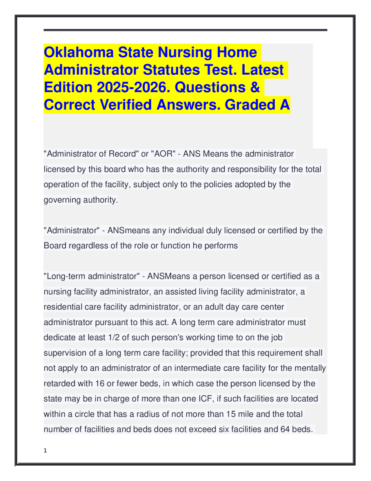 Oklahoma State Nursing Home Administrator Statutes Test. Latest Edition ...