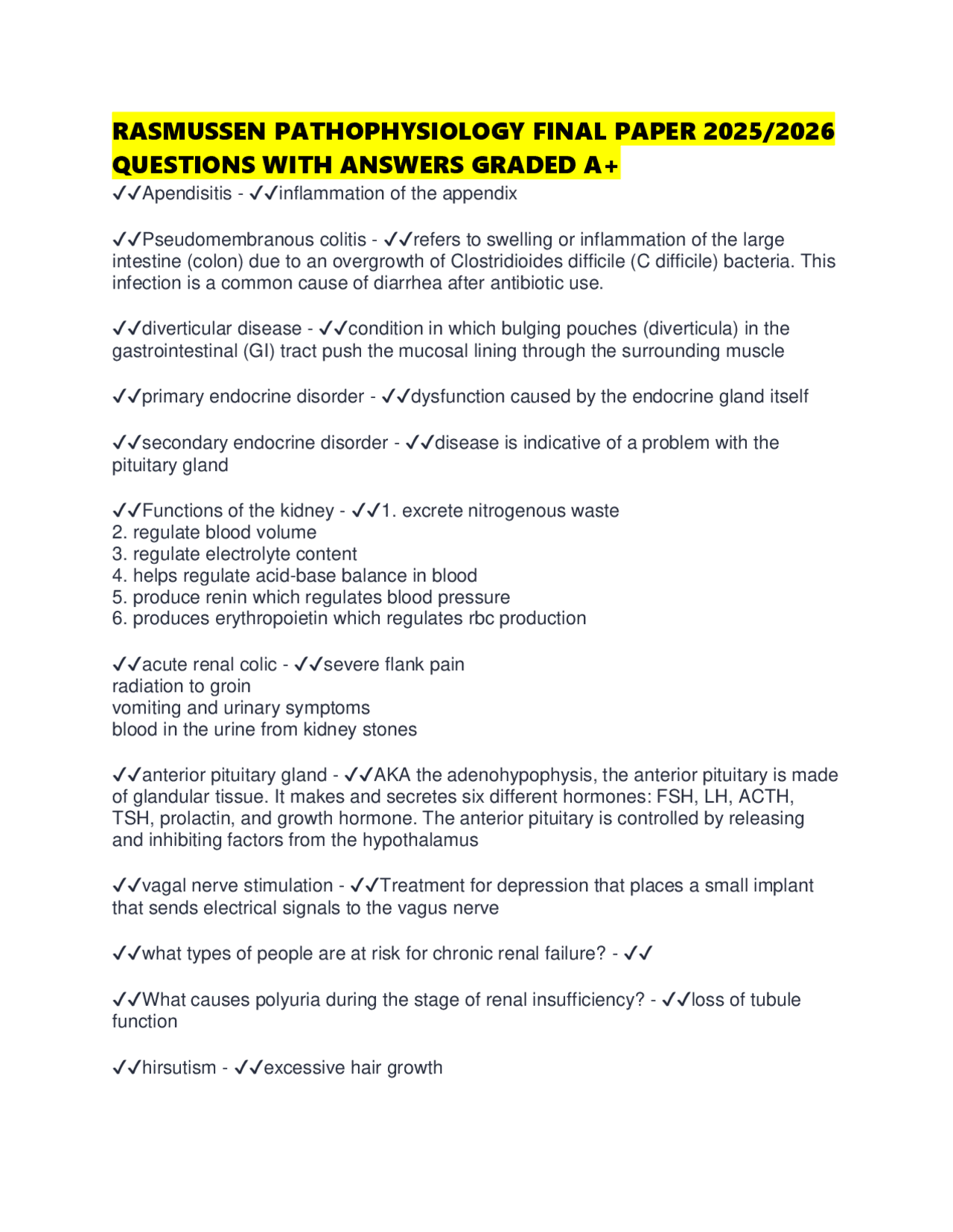 RASMUSSEN PATHOPHYSIOLOGY FINAL PAPER 2025/2026 QUESTIONS WITH ANSWERS ...