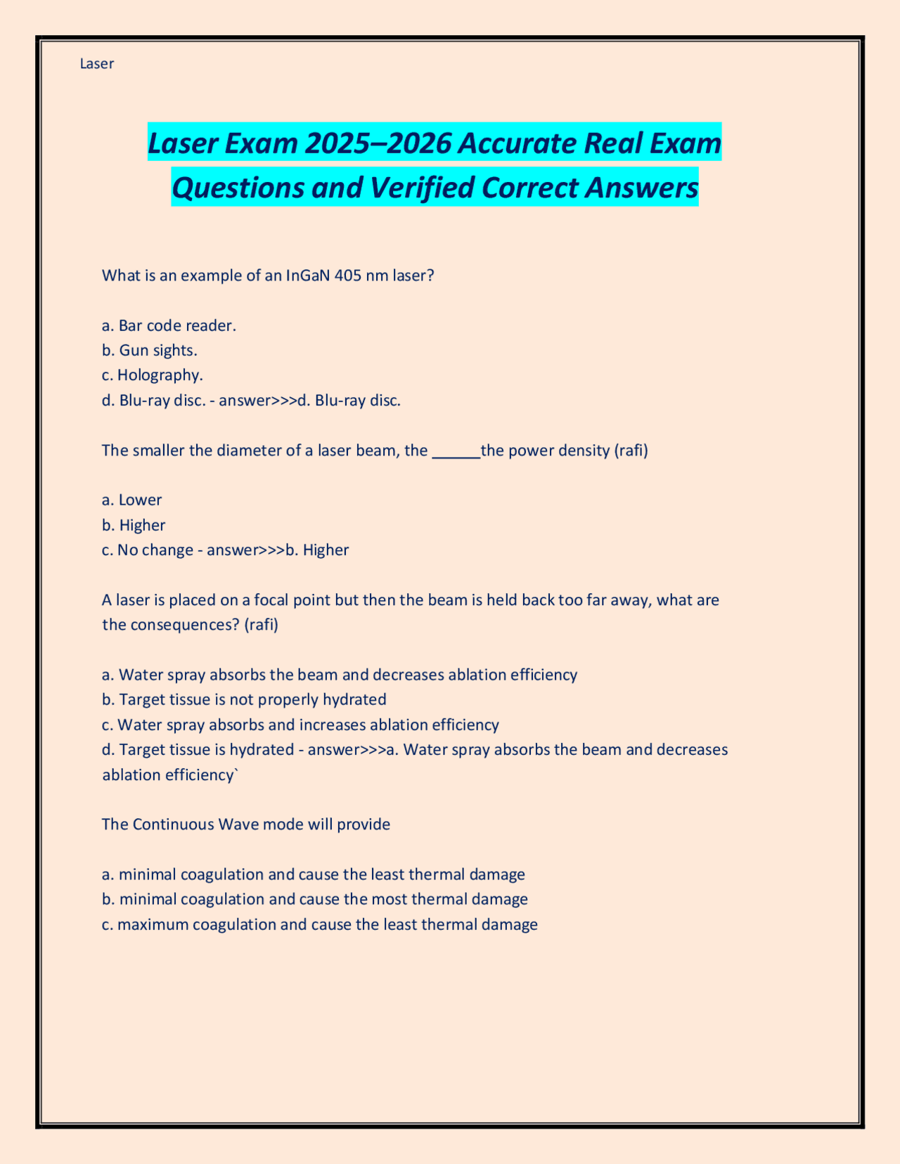 Laser Exam 2025–2026 Accurate Real Exam Questions and Verified Correct ...