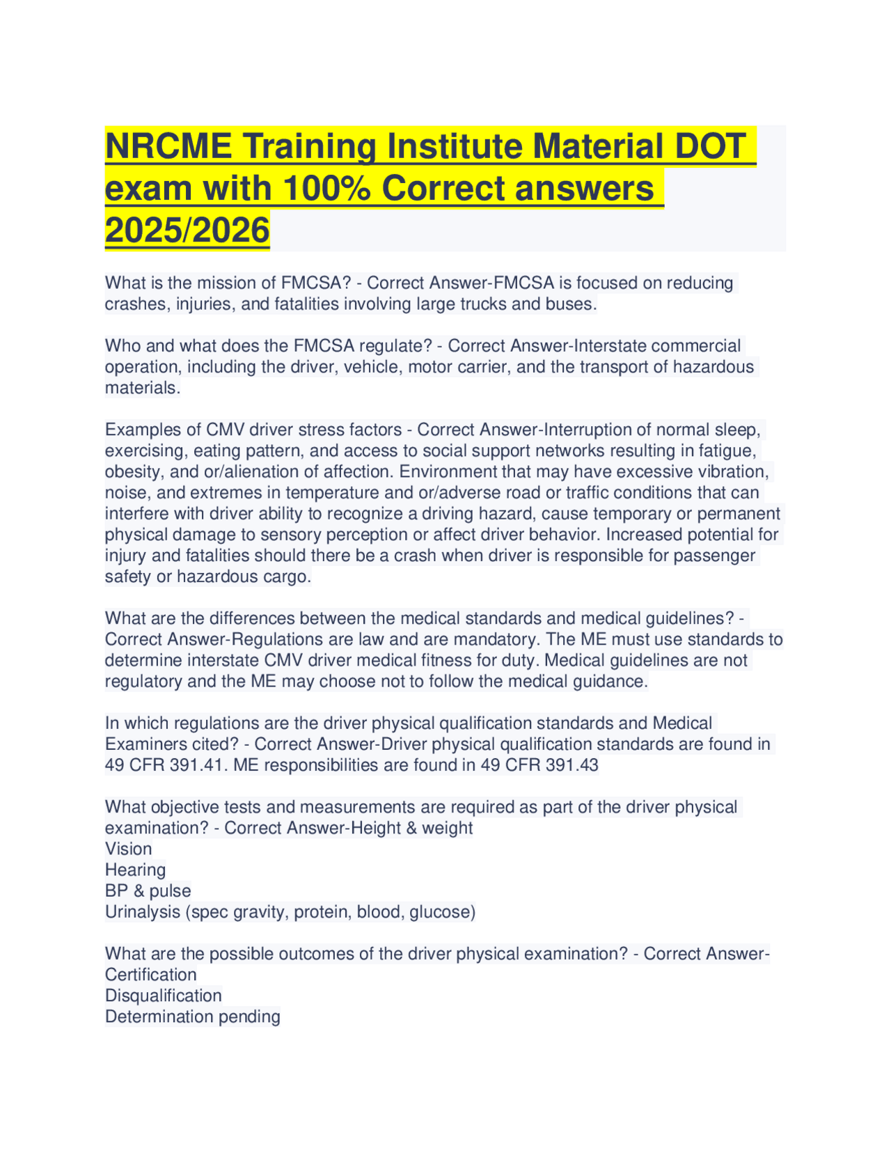 NRCME Training Institute Material DOT exam with 100% Correct answers ...