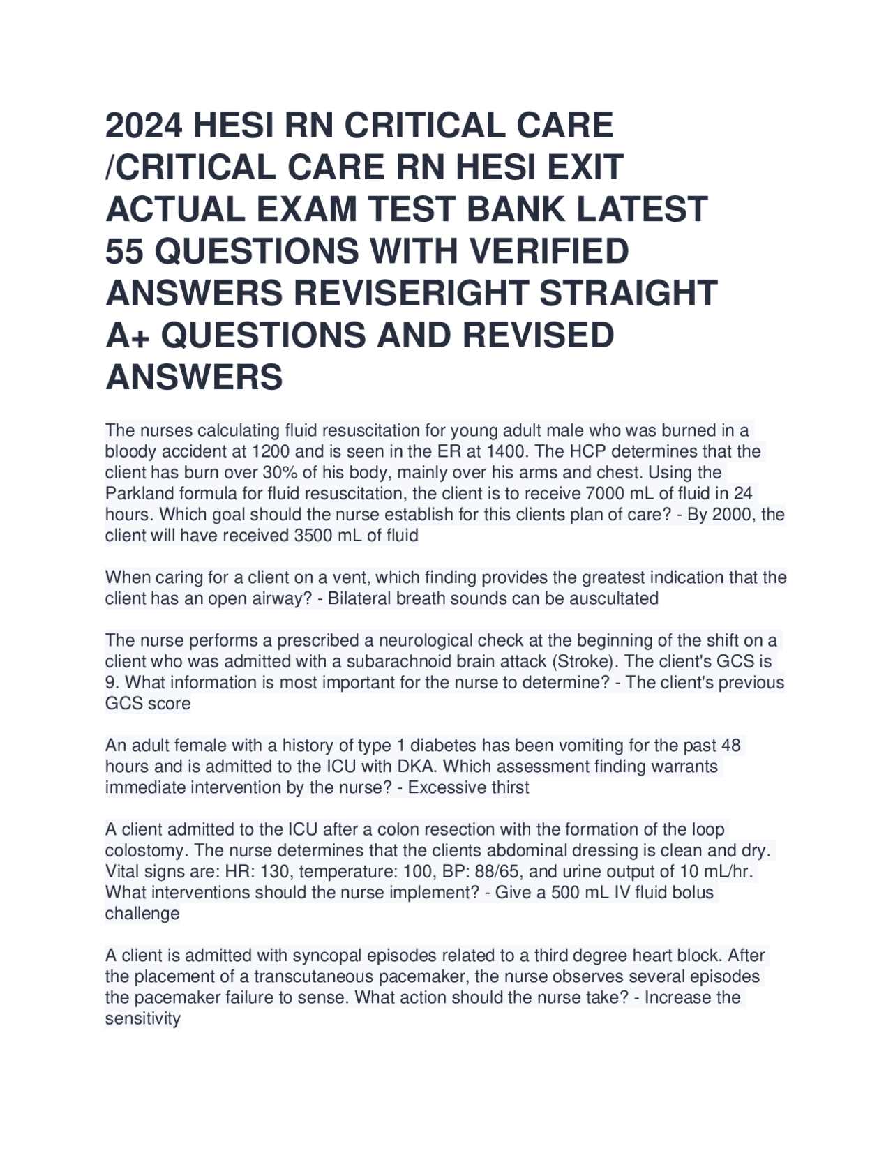 2024 HESI RN CRITICAL CARE /CRITICAL CARE RN HESI EXIT ACTUAL EXAM TEST ...