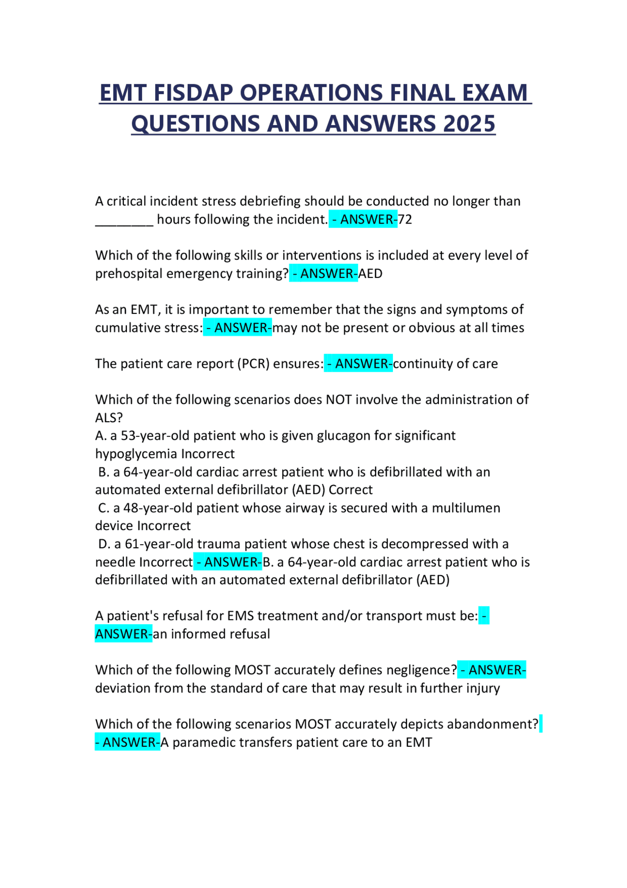 EMT FISDAP Operations Final Exam: Questions and Answers 2025 | Exams ...