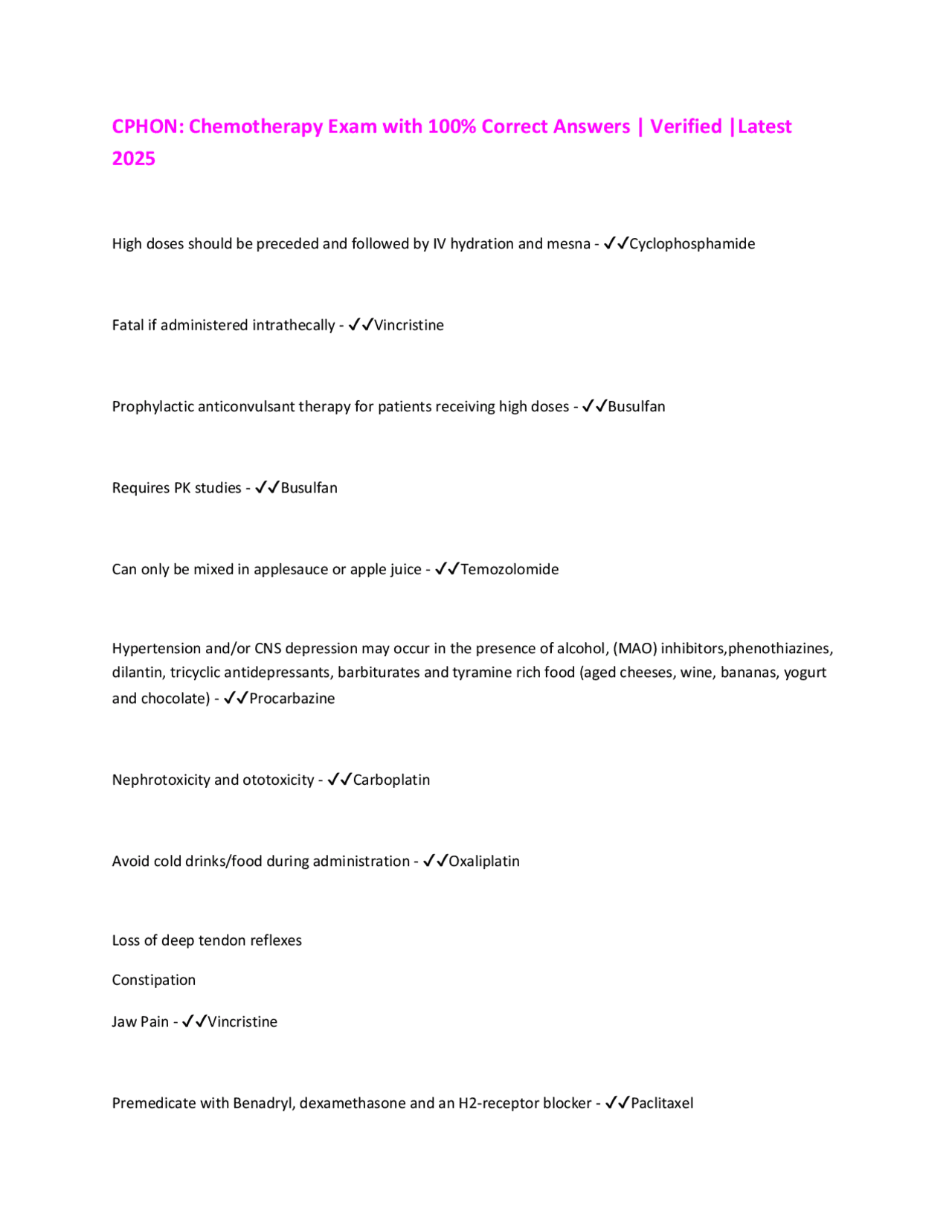 CPHON: Chemotherapy Exam with 100% Correct Answers | Verified |Latest ...