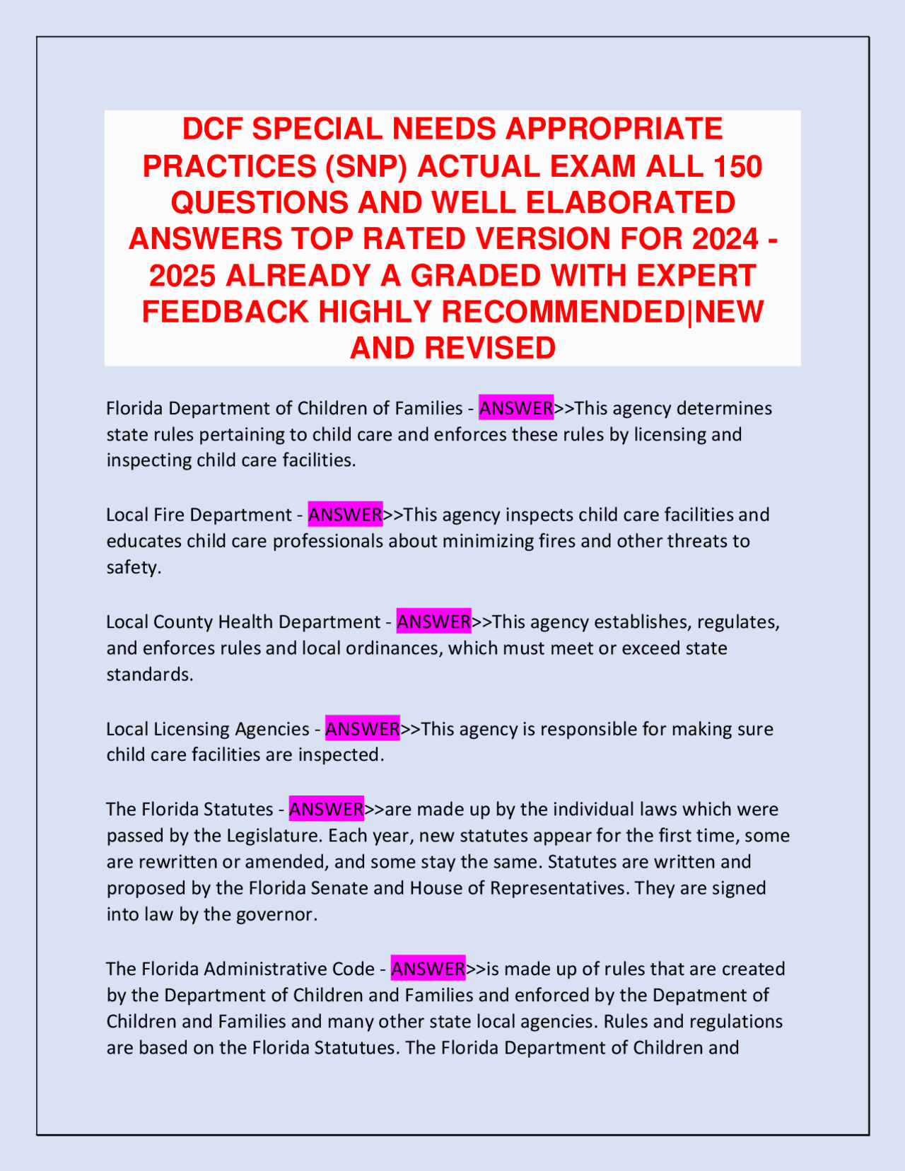 DCF SPECIAL NEEDS APPROPRIATE PRACTICES (SNP) ACTUAL EXAM ALL 150 ...