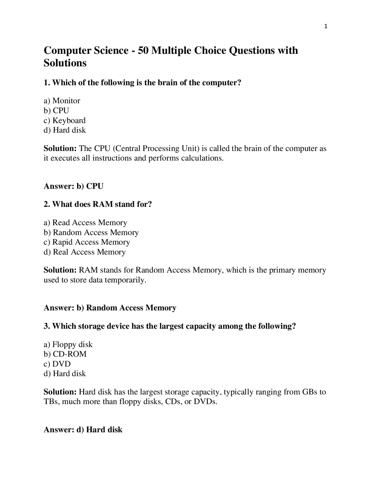 Computer Science Multiple Choice Questions with Solutions | Exercises ...