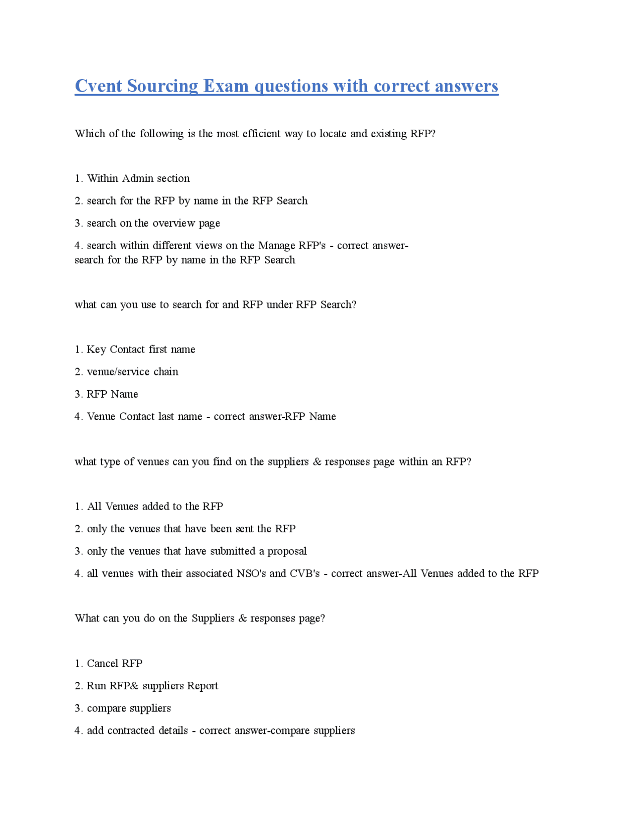 Cvent Sourcing Exam Questions and Answers | Exams Advanced Education ...