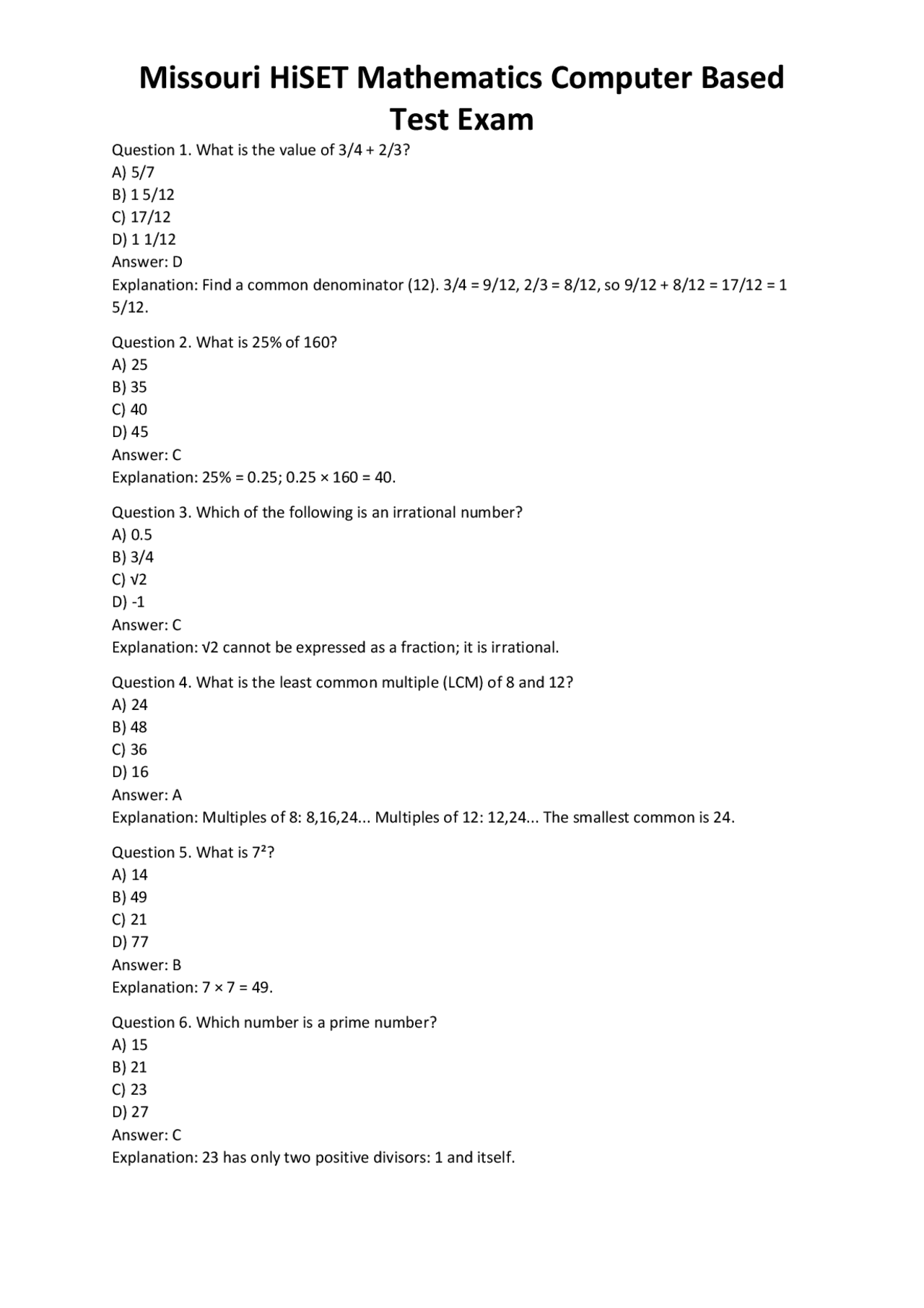 Missouri HiSET Mathematics Exam: Practice Questions and Answers | Exams ...