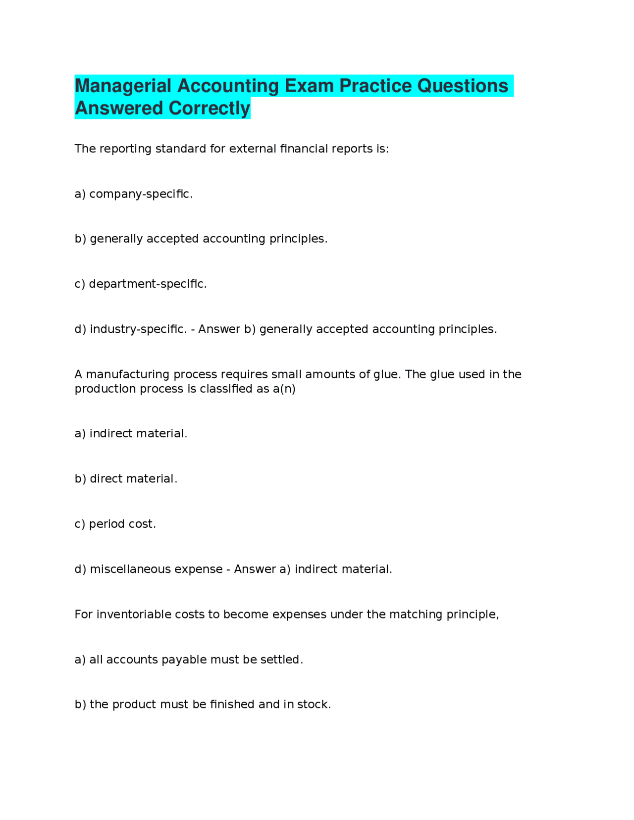 Managerial Accounting Exam Practice Questions with Answers | Exams ...