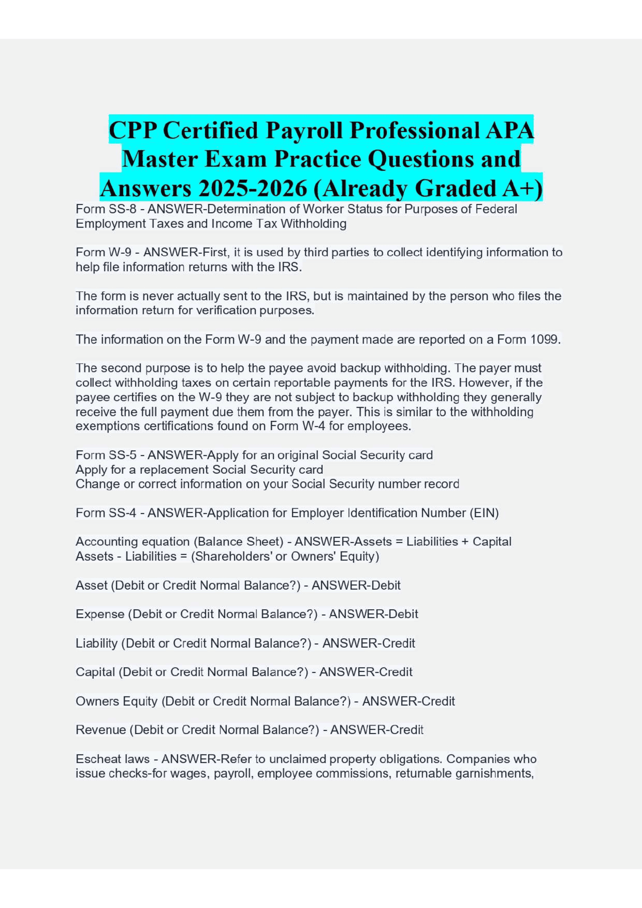 CPP Certified Payroll Professional APA Master Exam Practice Questions ...