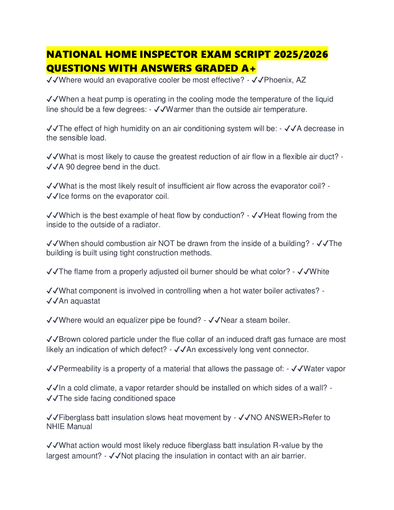 NATIONAL HOME INSPECTOR EXAM SCRIPT 2025/2026 QUESTIONS WITH ANSWERS ...