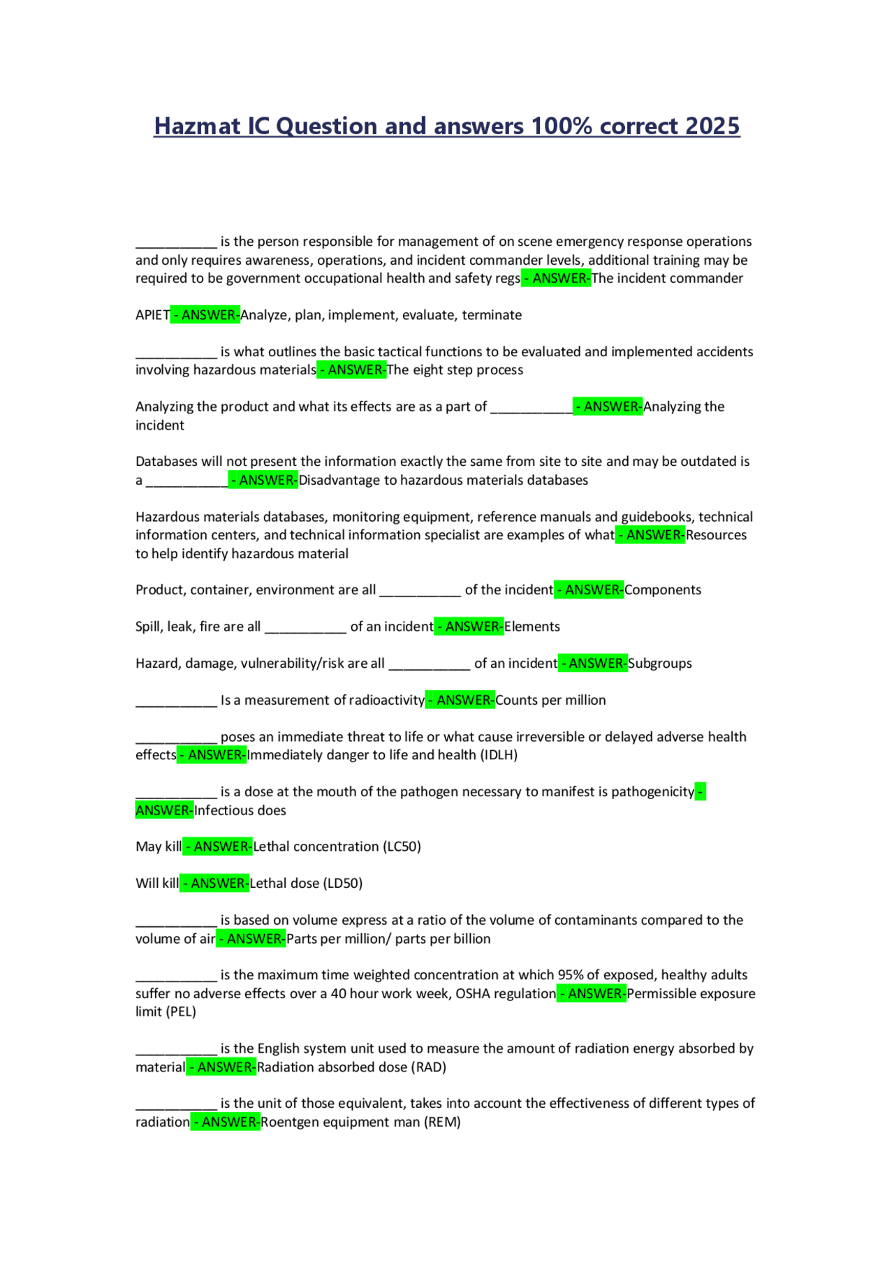 Hazmat Incident Commander (IC) Questions and Answers | Exams Medical ...