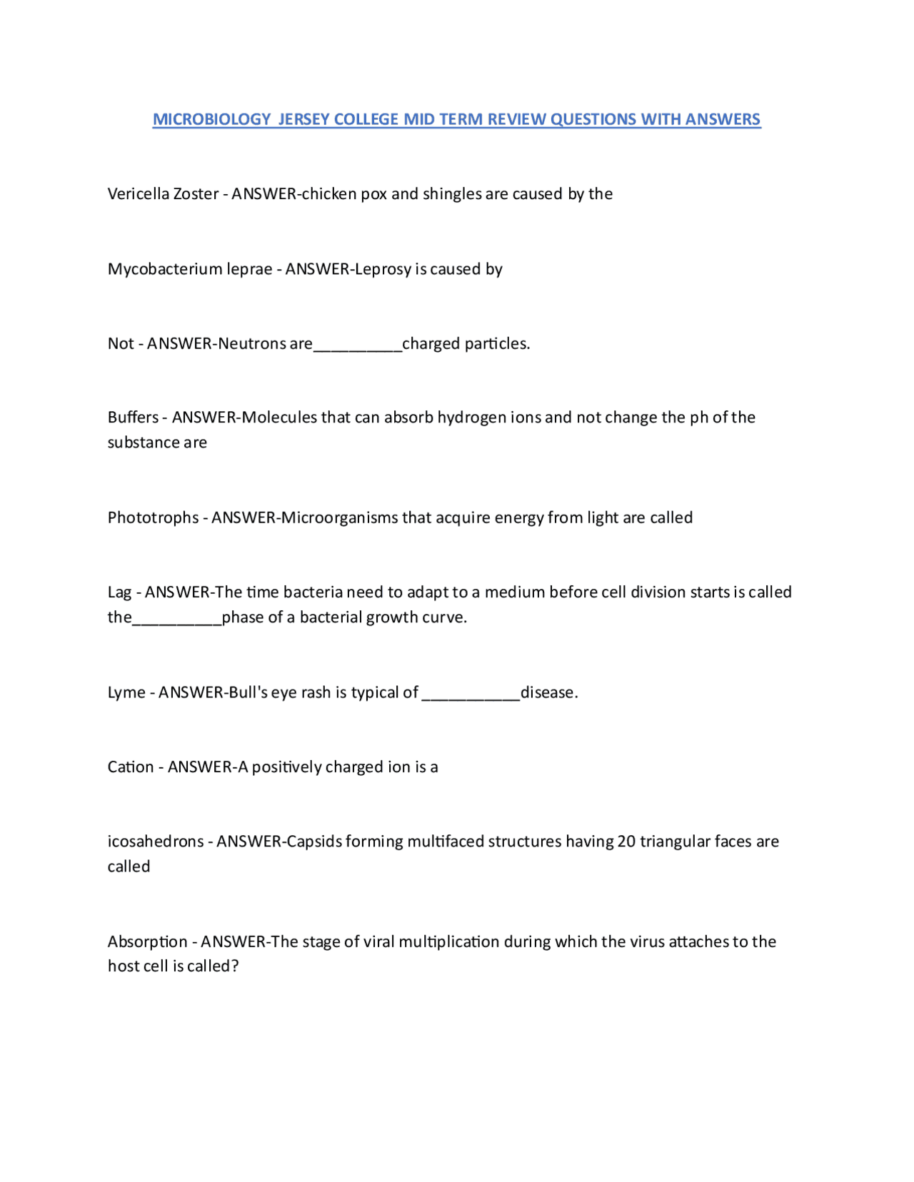 MICROBIOLOGY MIDTERM QUESTIONS - JERSEY COLLEGE QUESTIONS WITH ANSWERS ...