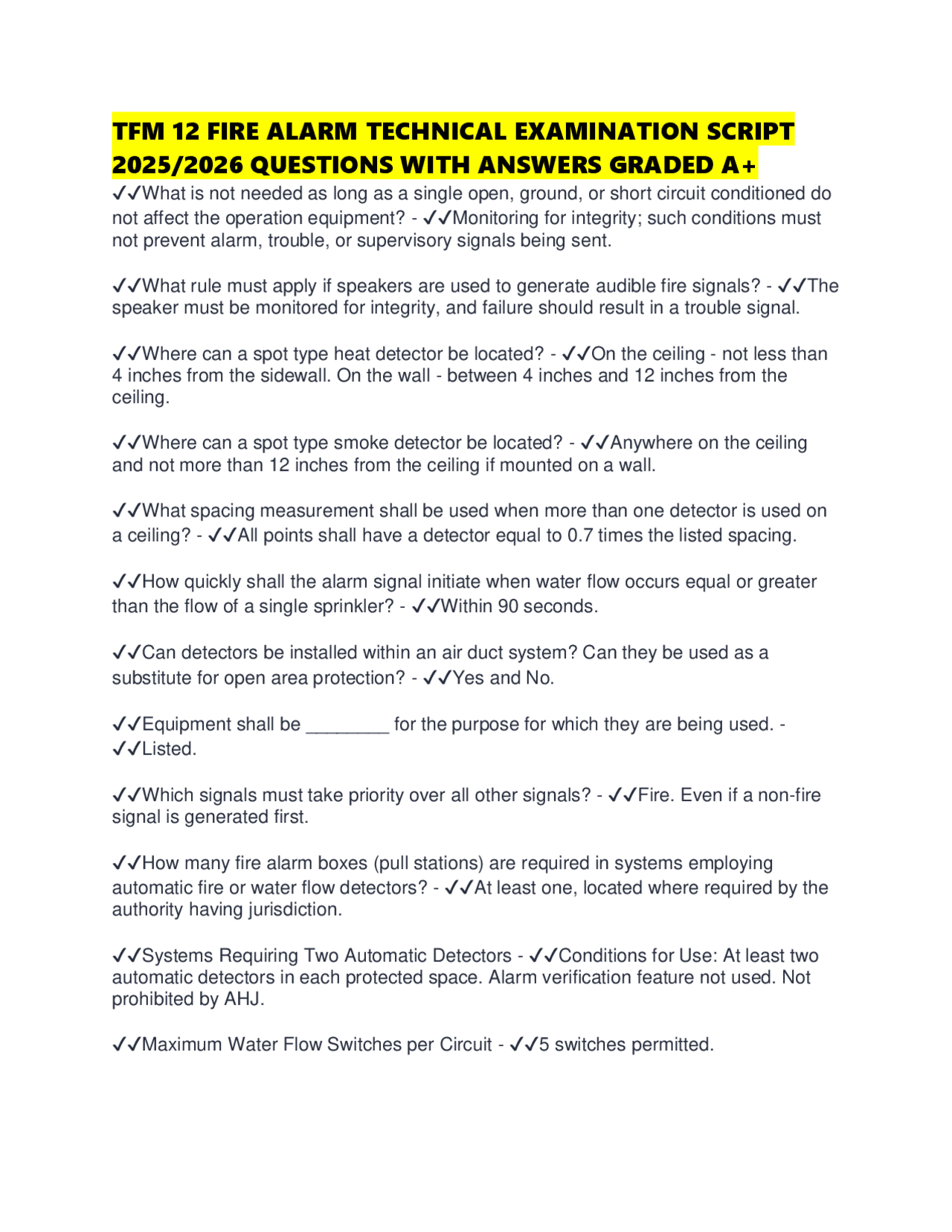 TFM 12 FIRE ALARM TECHNICAL EXAMINATION SCRIPT 2025/2026 QUESTIONS WITH ...