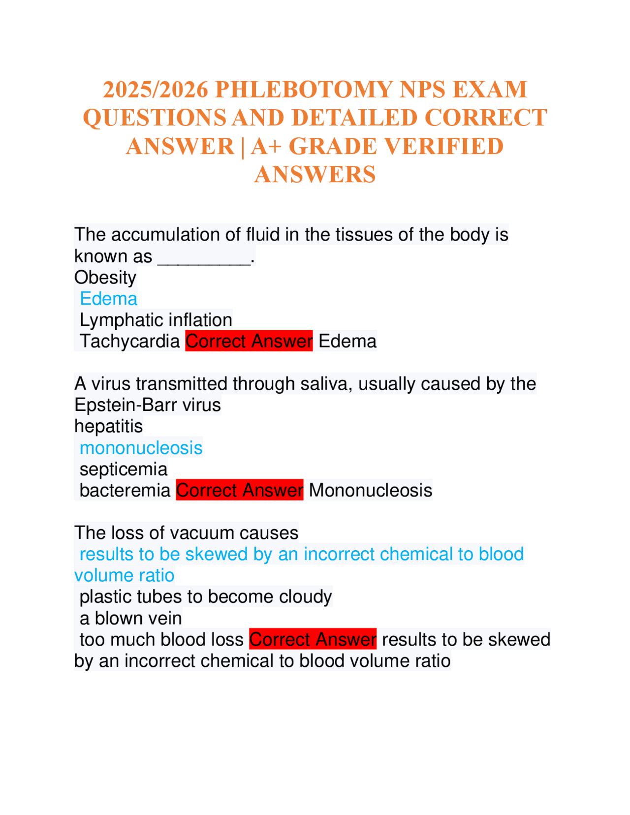 Phlebotomy Exam Questions and Answers 2025/2026 | Exams Nursing | Docsity