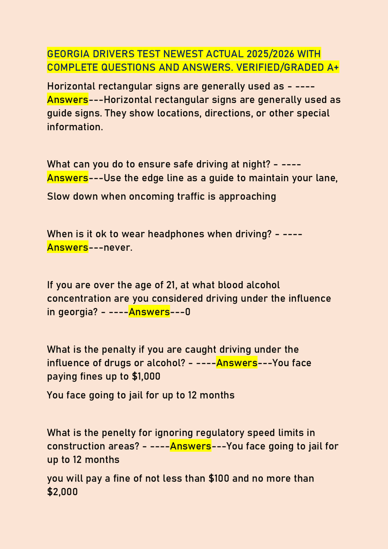 Georgia Driver's Test: 2025/2026 Practice Questions and Answers | Exams ...