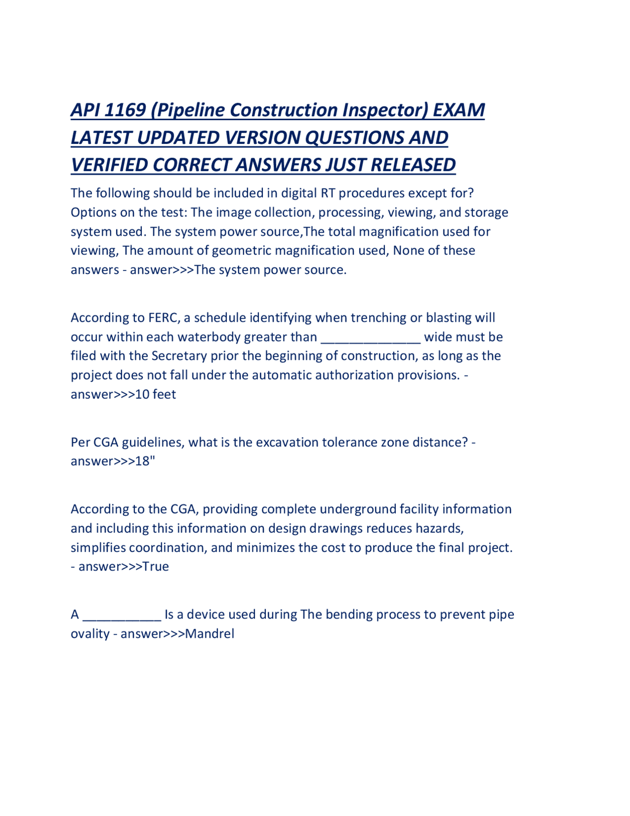 API 1169 (Pipeline Construction Inspector) EXAM LATEST UPDATED VERSION ...