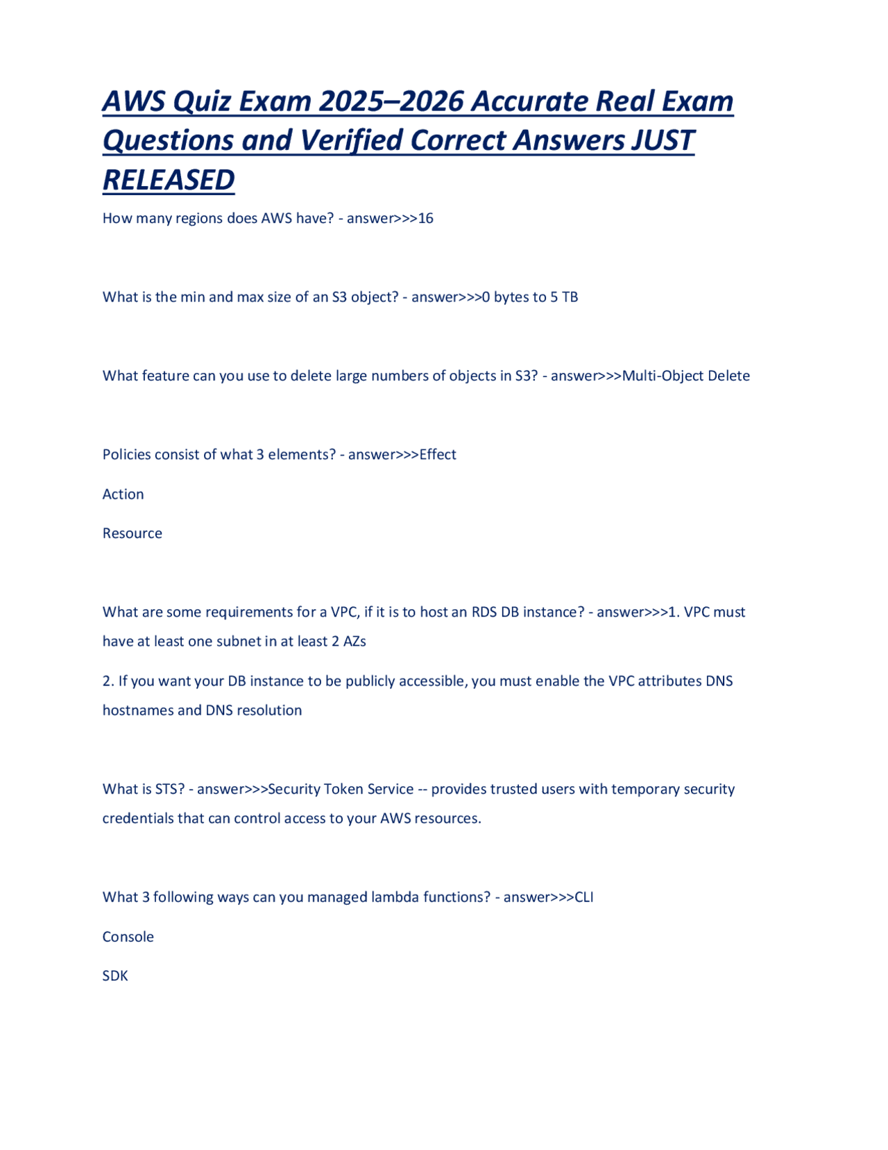 AWS Quiz Exam 2025–2026 Accurate Real Exam Questions and Verified ...