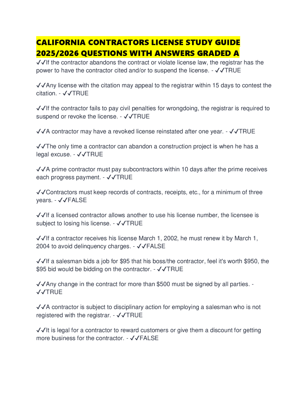 CALIFORNIA CONTRACTORS LICENSE STUDY GUIDE 2025/2026 QUESTIONS WITH ...