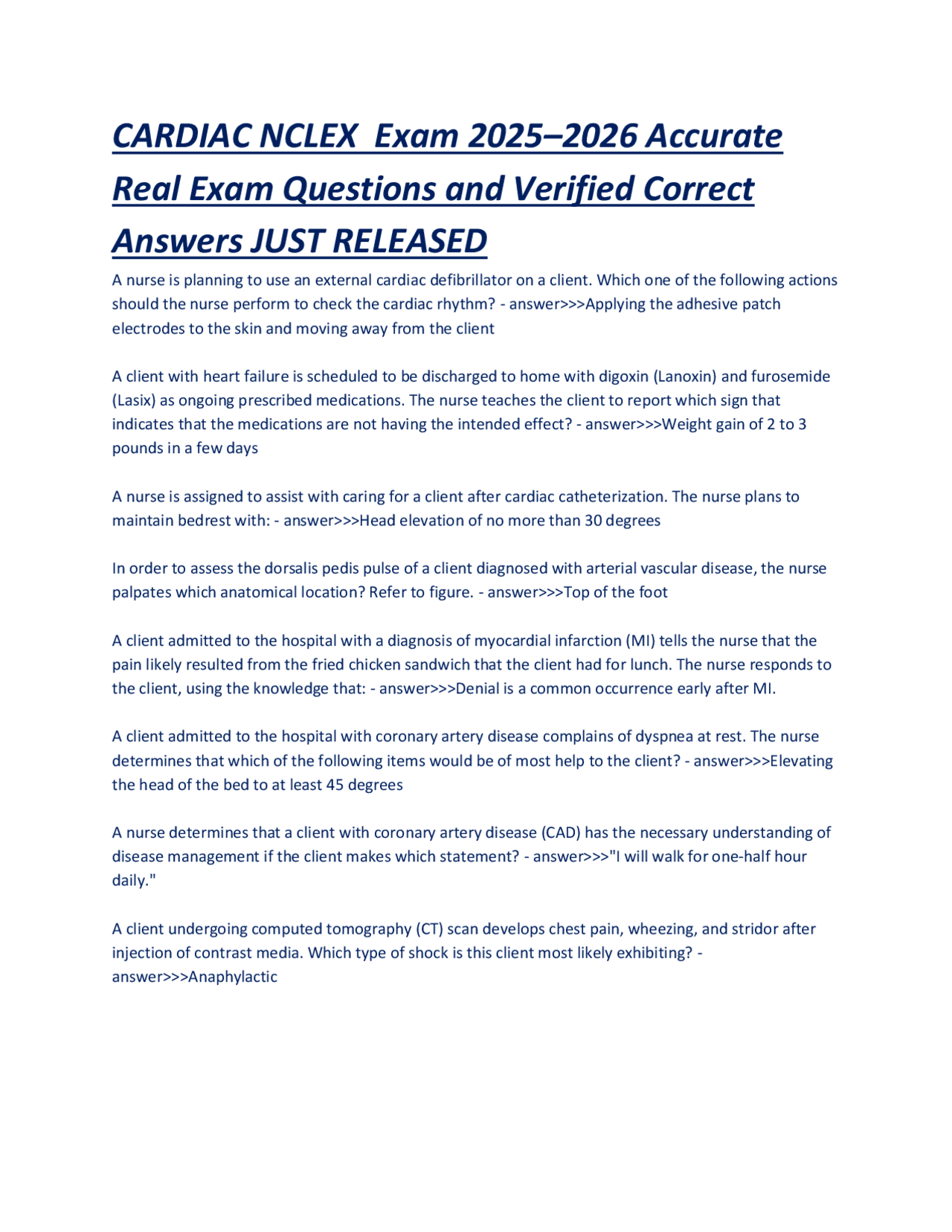 Cardiac NCLEX Exam Questions and Answers 2025-2026 | Exams Nursing ...
