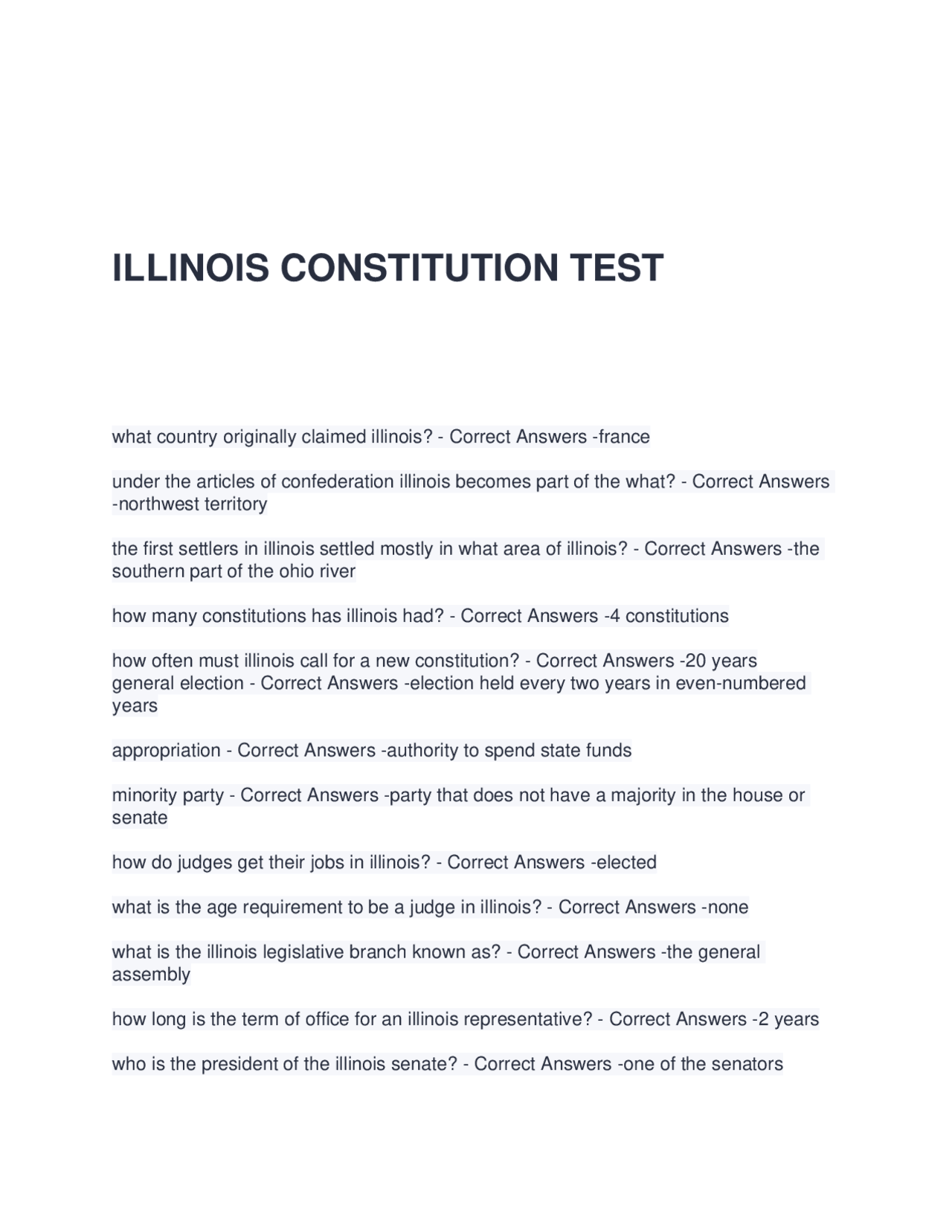 Illinois Constitution Test: Questions and Answers | Exams Advanced ...