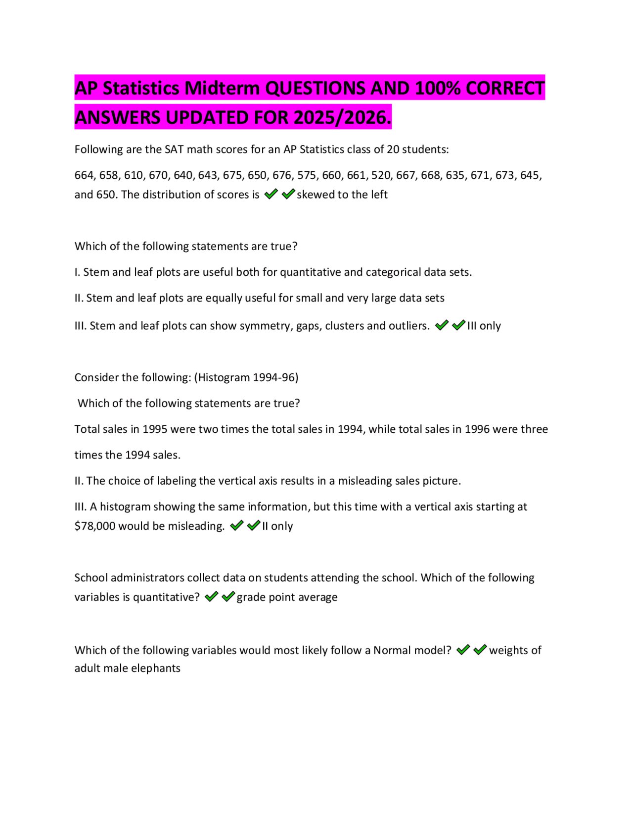 AP Statistics Midterm QUESTIONS AND 100% CORRECT ANSWERS UPDATED FOR ...