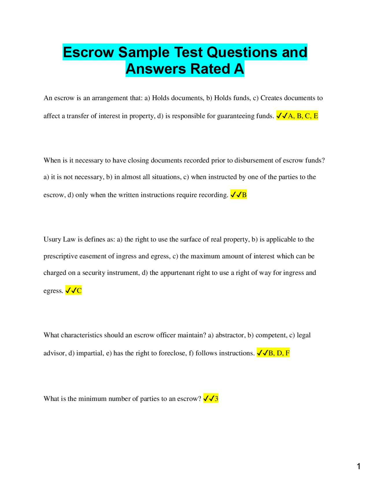 2025 Escrow Sample Test Questions and Answers Rated A An escrow is an ...