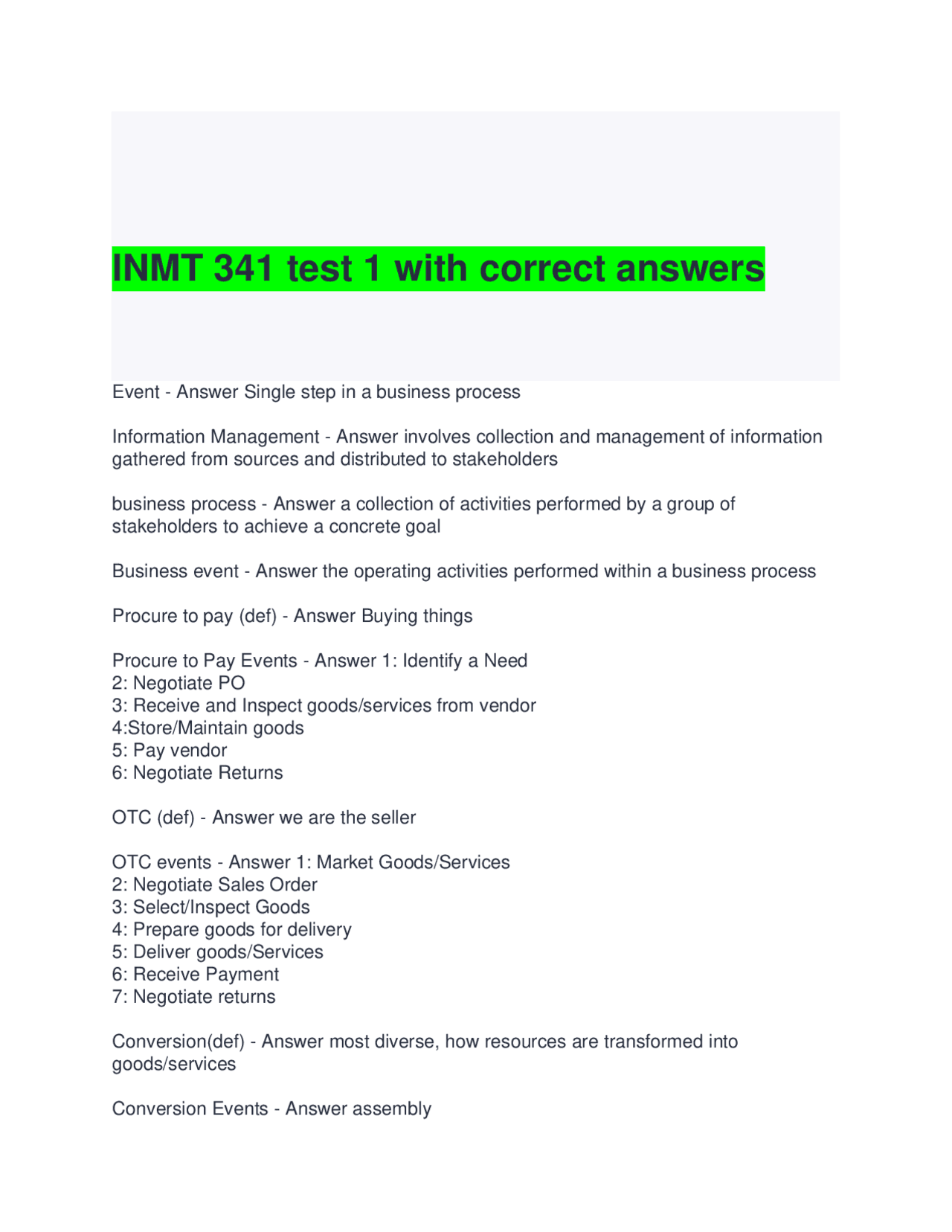 INMT 341 Test 1: Key Concepts and Answers | Exams Advanced Education ...