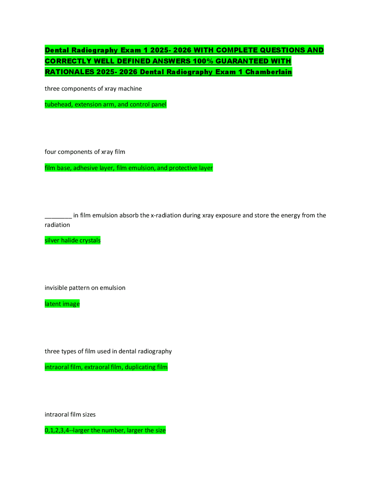 Dental Radiography Exam 1 2025- 2026 WITH COMPLETE QUESTIONS AND CORRECTLY WELL DEFINED AN ...