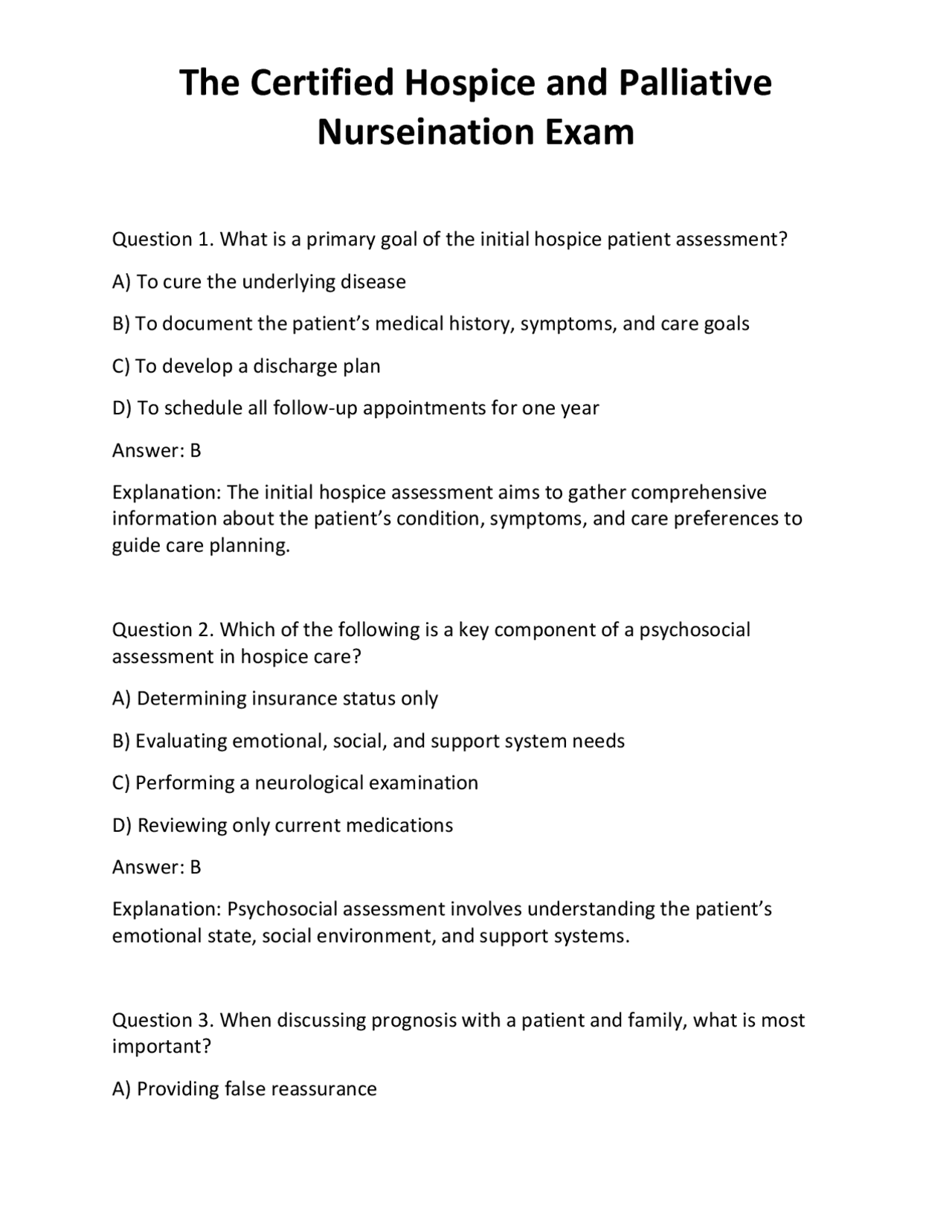 Certified Hospice and Palliative Nurse Examination Questions | Exams ...