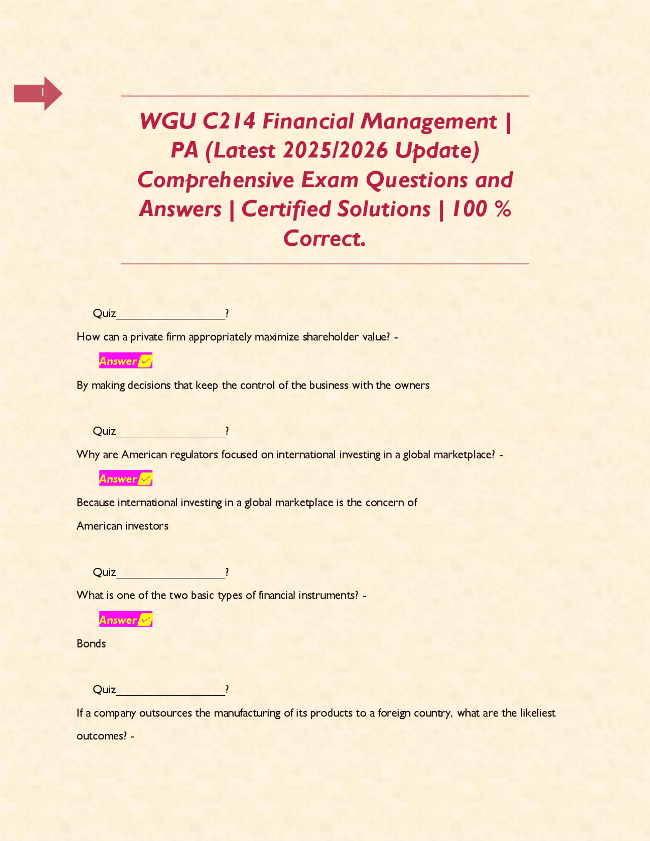 WGU C214 Financial Management | PA (Latest 2025/2026 Update ...