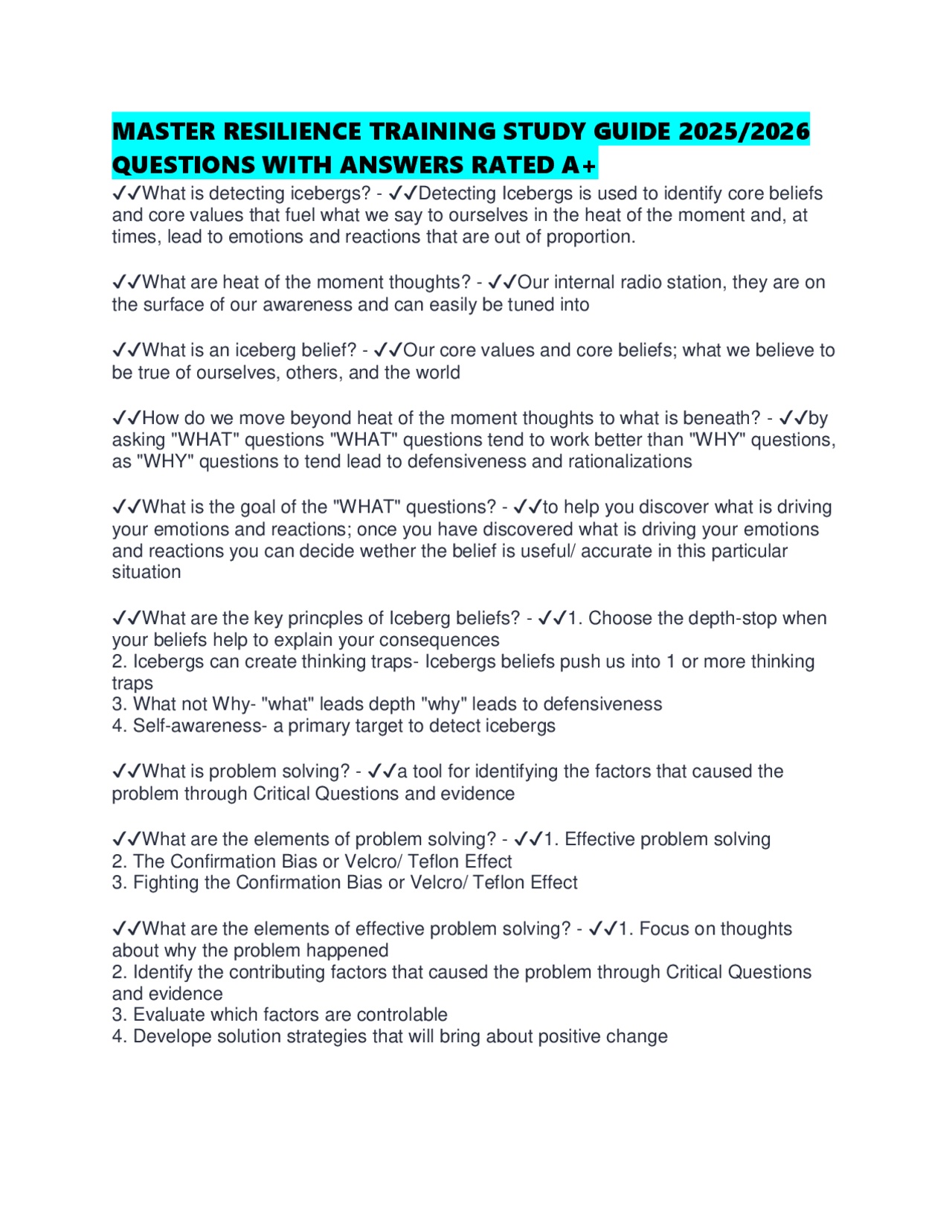 MASTER RESILIENCE TRAINING STUDY GUIDE 2025/2026 QUESTIONS WITH ANSWERS ...