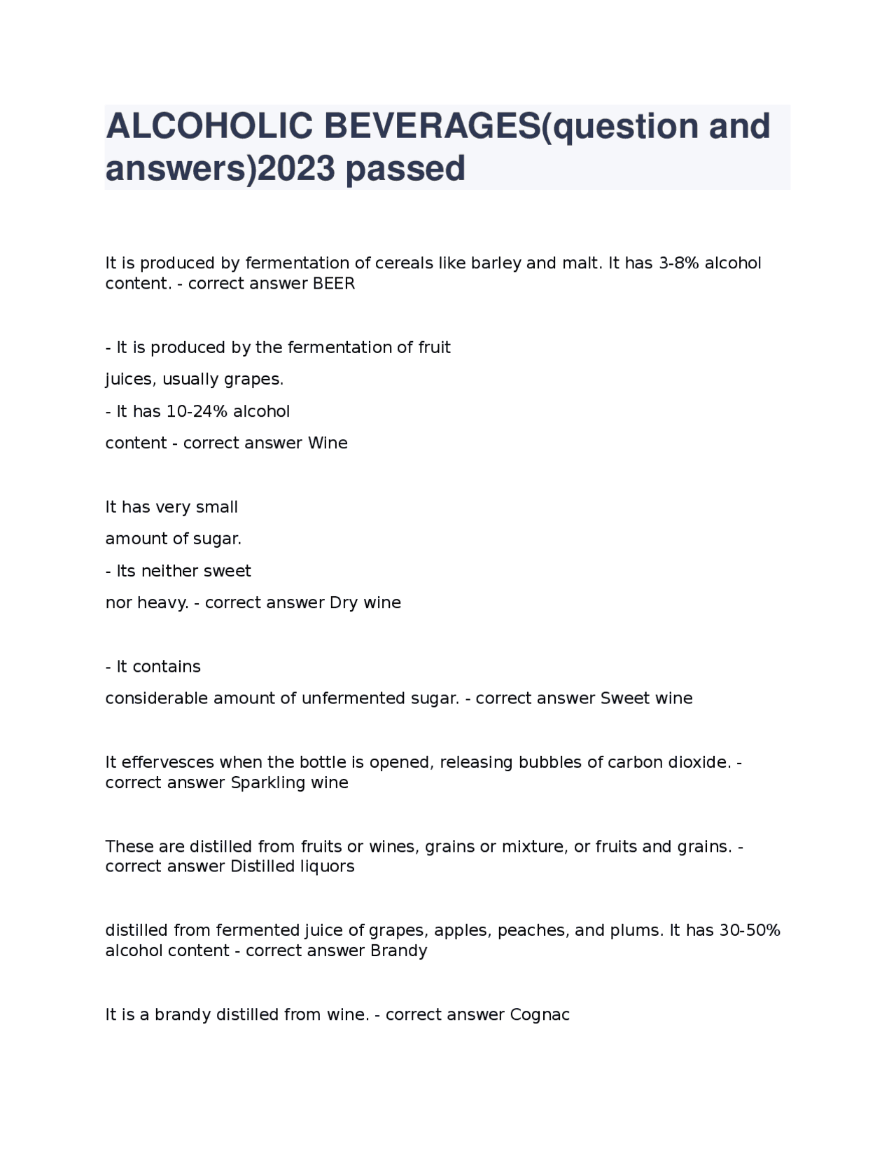 Alcoholic Beverages Quiz: Questions and Answers | Exams Nursing | Docsity