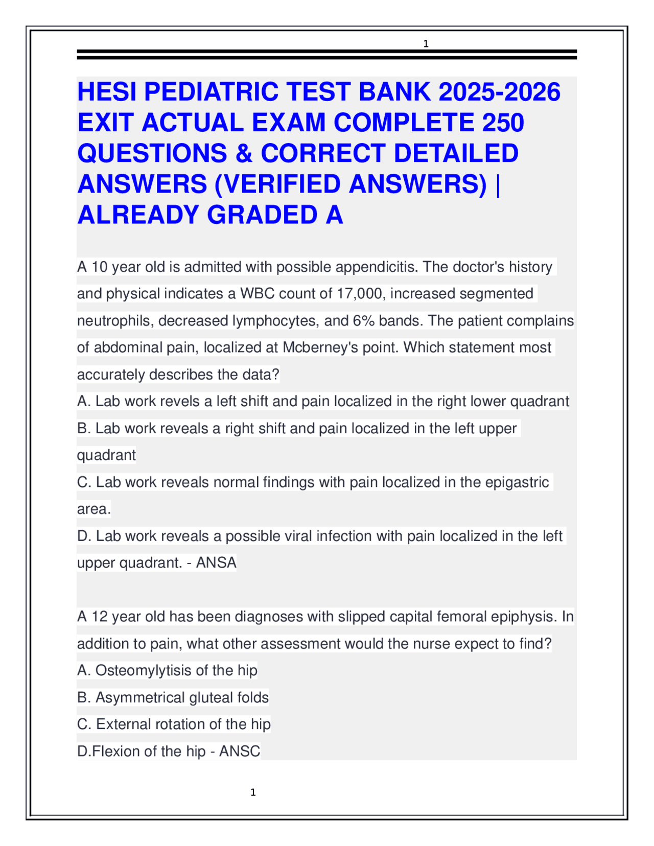 HESI PEDIATRIC TEST BANK 2025-2026 EXIT ACTUAL EXAM COMPLETE 250 ...