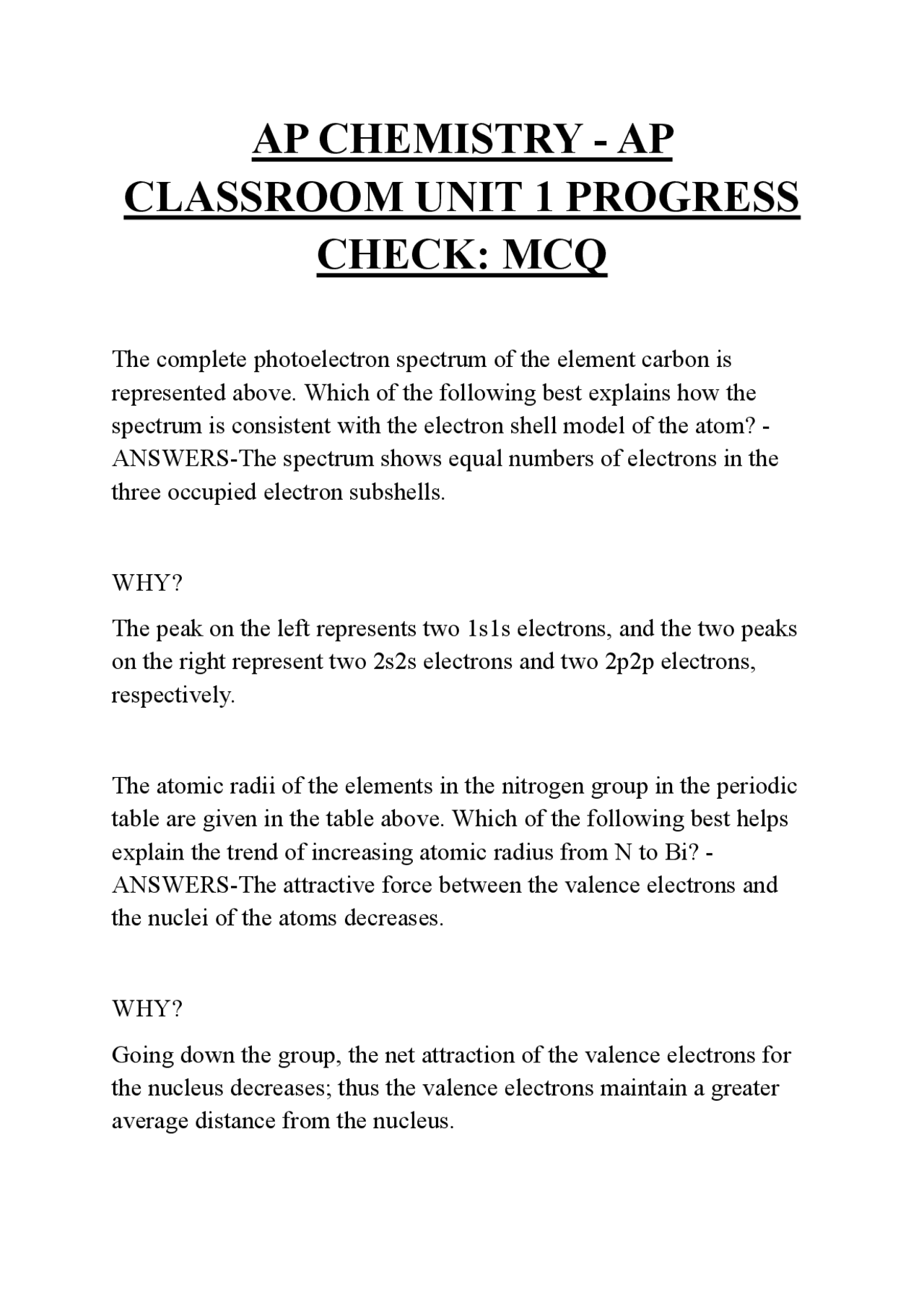 AP CHEMISTRY - AP CLASSROOM UNIT 1 PROGRESS CHECK: MCQ QUESTIONS AND ...