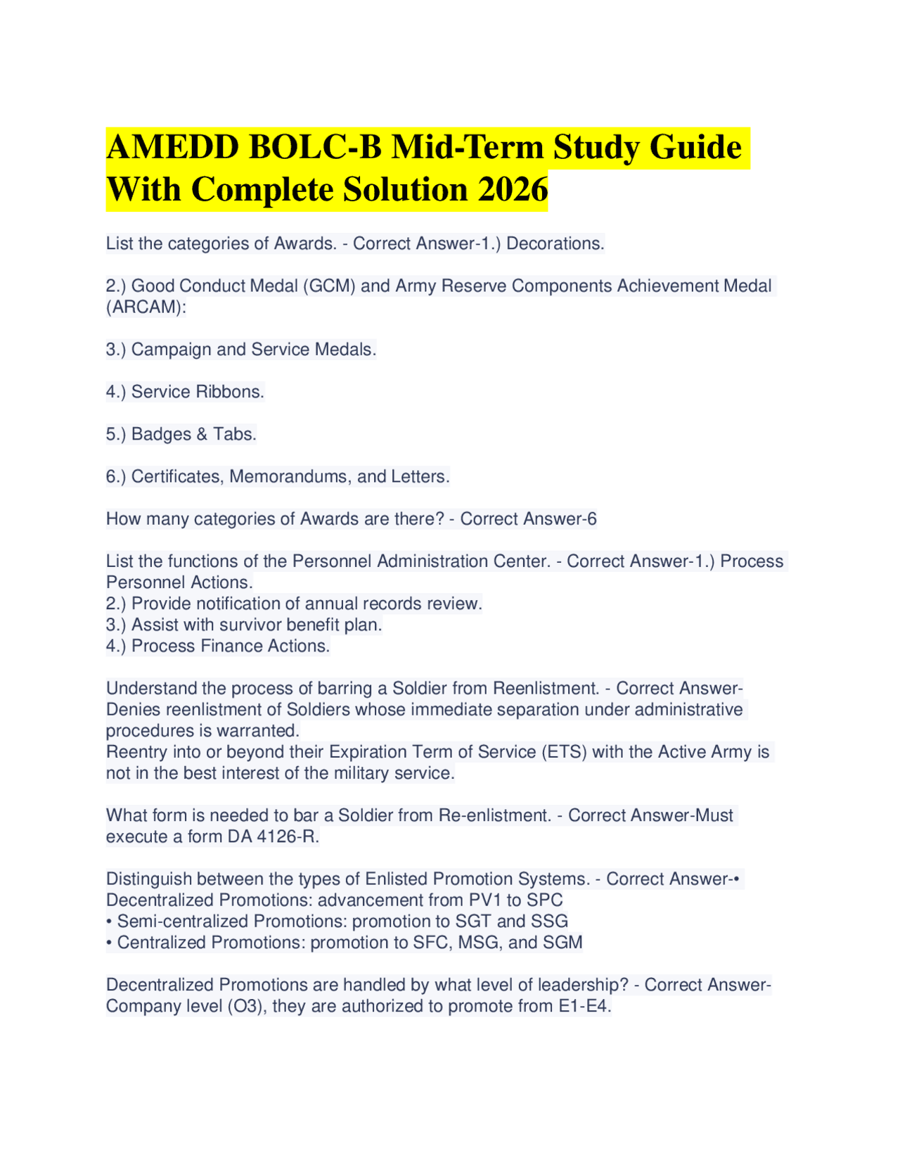 AMEDD BOLC-B Mid-Term Exam Study Guide with Complete Solutions | Exams ...