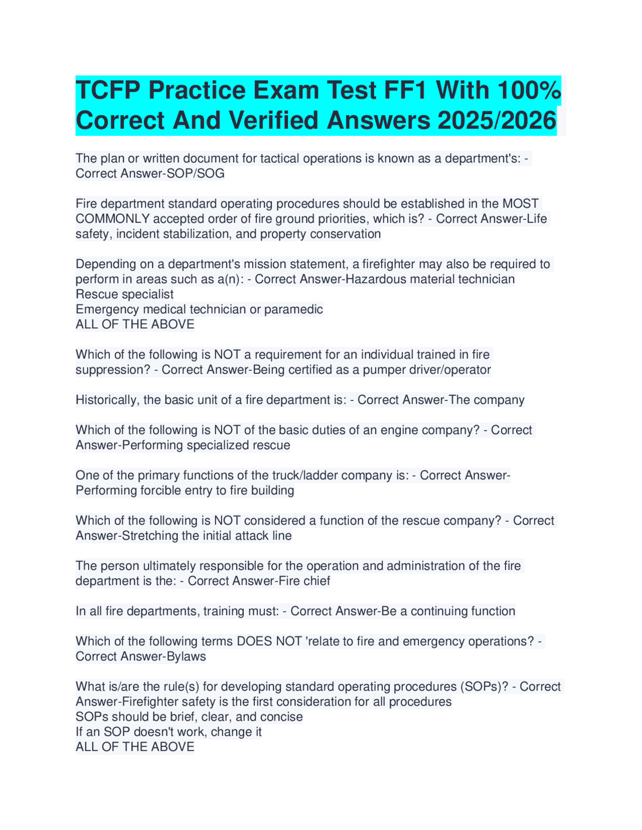 TCFP Practice Exam Test FF1 With 100% Correct And Verified Answers 2025 ...