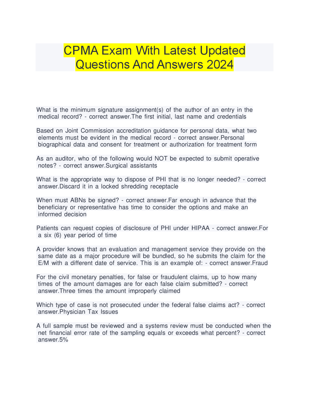 CPMA Exam Questions and Answers 2024 | Exams Nursing | Docsity