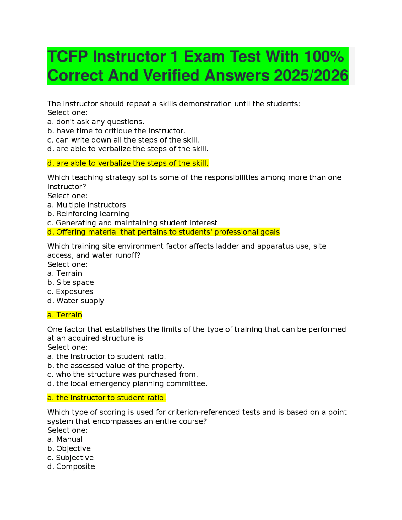 TCFP Instructor 1 Exam Test With 100% Correct And Verified Answers 2025 ...