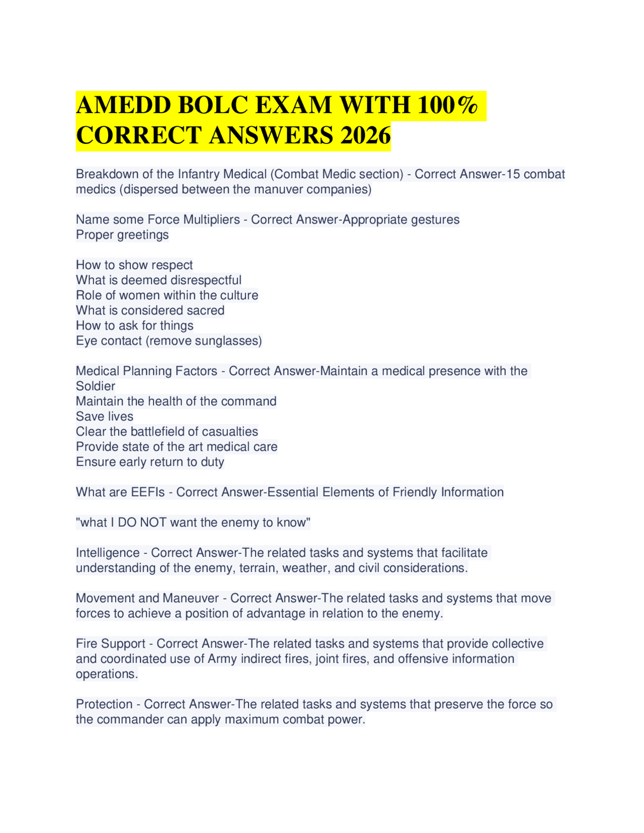AMEDD BOLC EXAM WITH 100% CORRECT ANSWERS 2026 | Exams Advanced ...