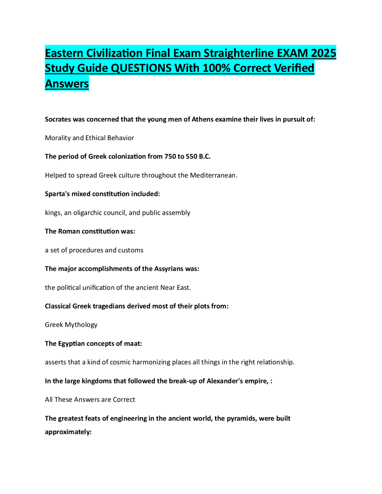 Eastern Civilization Final Exam Straighterline EXAM 2025 Study Guide ...