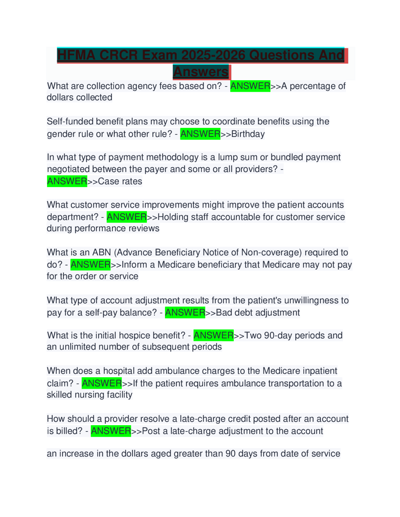 HFMA CRCR Exam 2025-2026 Questions And Answers | Exams Financial ...