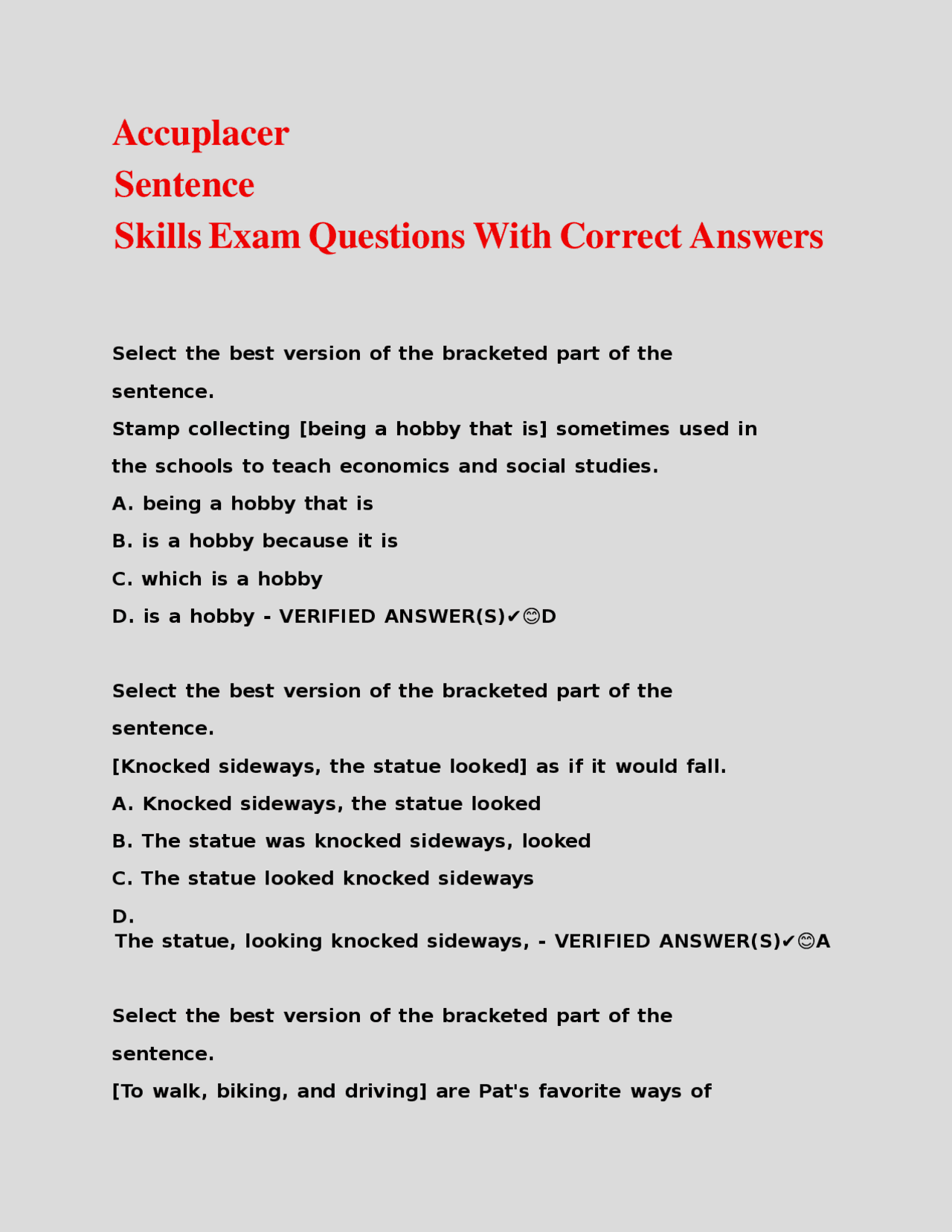 Accuplacer Sentence Skills Exam Questions with Correct Answers | Exams ...