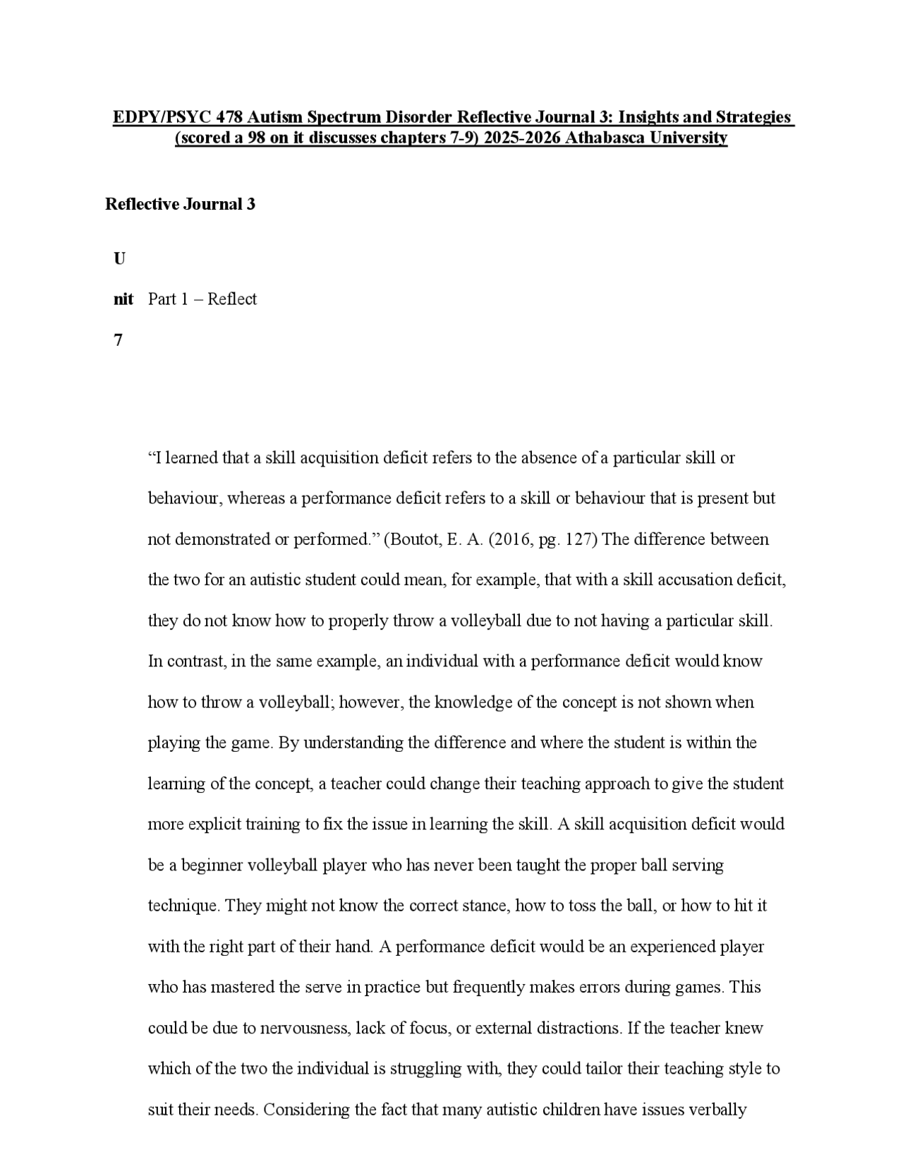 EDPY PSYC 478 Autism Spectrum Disorder Reflective Journal 3 Insights ...