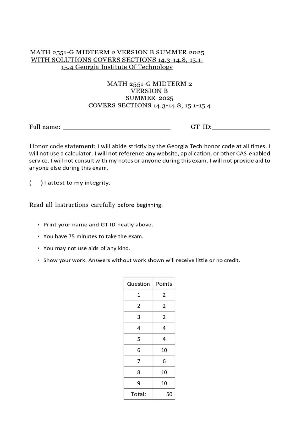 MATH 2551-G MIDTERM 2 VERSION B SUMMER 2025 WITH SOLUTIONS COVERS SECTIONS 14.3-14.8, 15.1 ...
