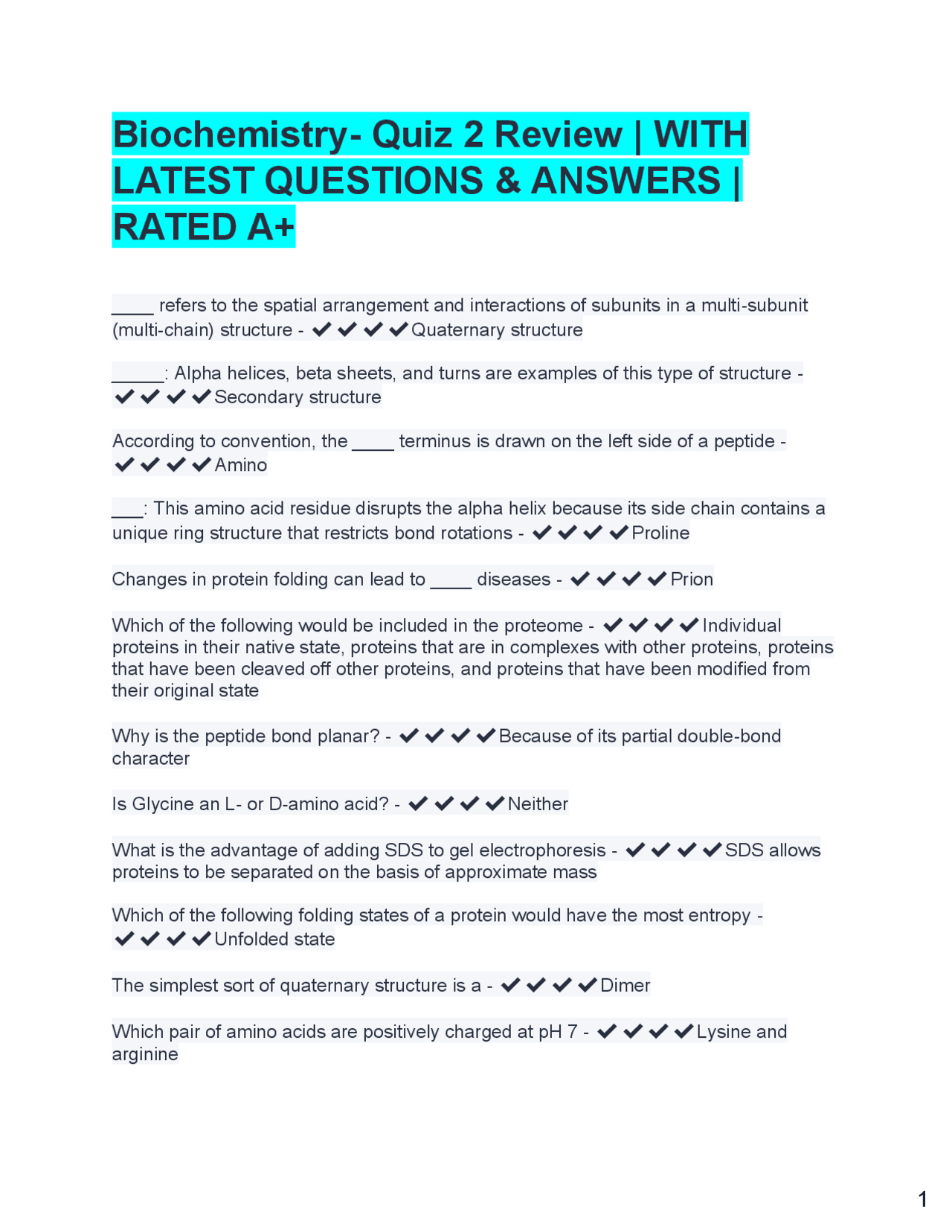 Biochemistry- Quiz 2 Review | WITH LATEST QUESTIONS & ANSWERS | RATED ...