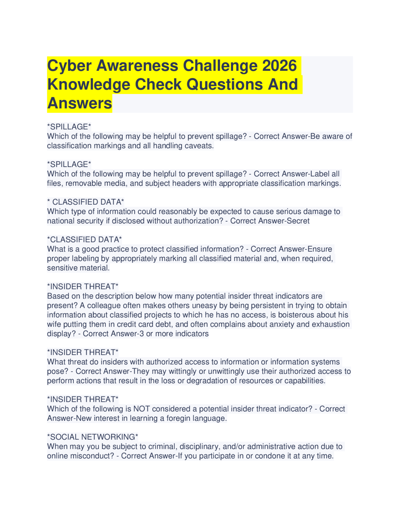 Cyber Awareness Challenge 2026 Knowledge Check Questions And Answers ...