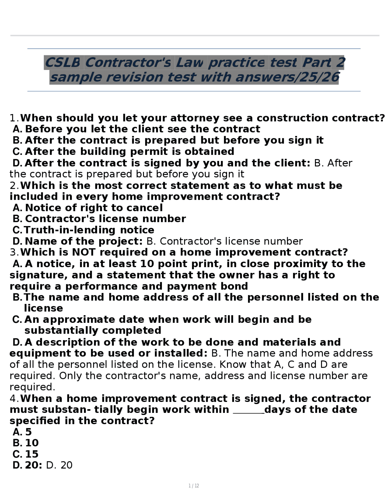 CSLB Contractor's Law Practice Test: Part 2 - Sample Revision with ...